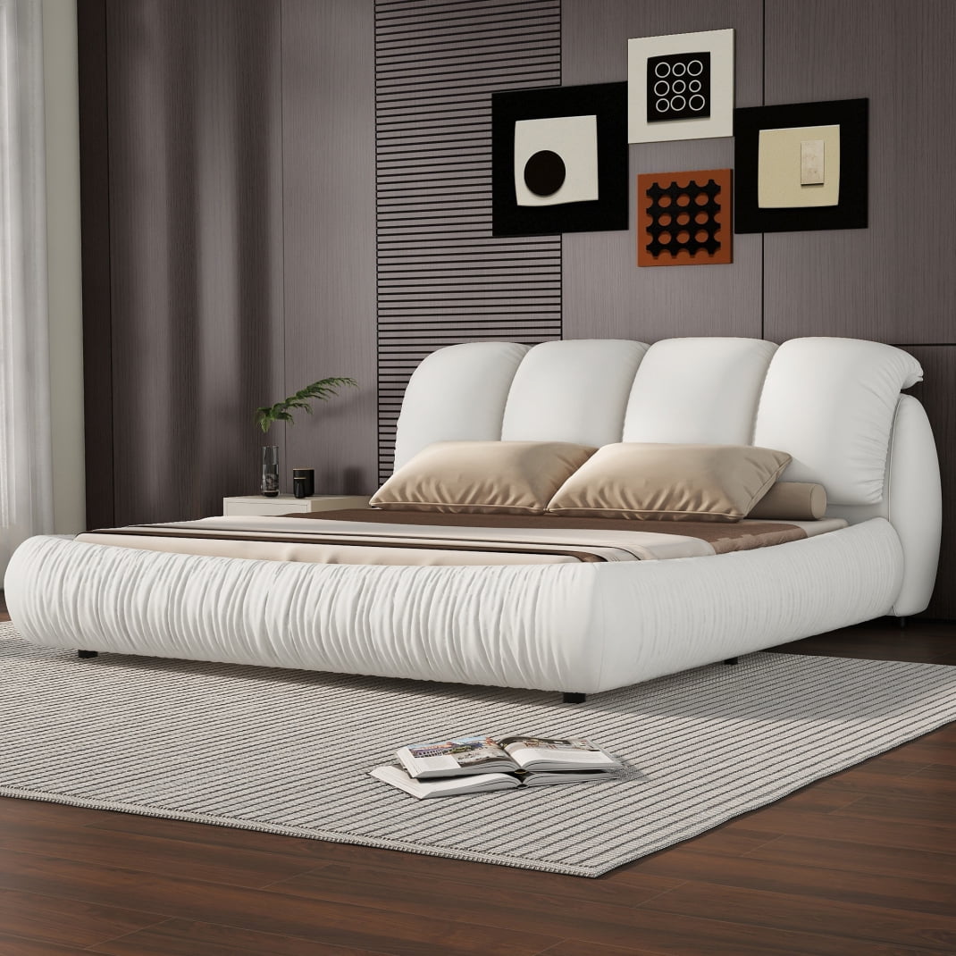 Queen Size Luxury Upholstered Bed Frame, PU Leather Queen Platform Bed ...