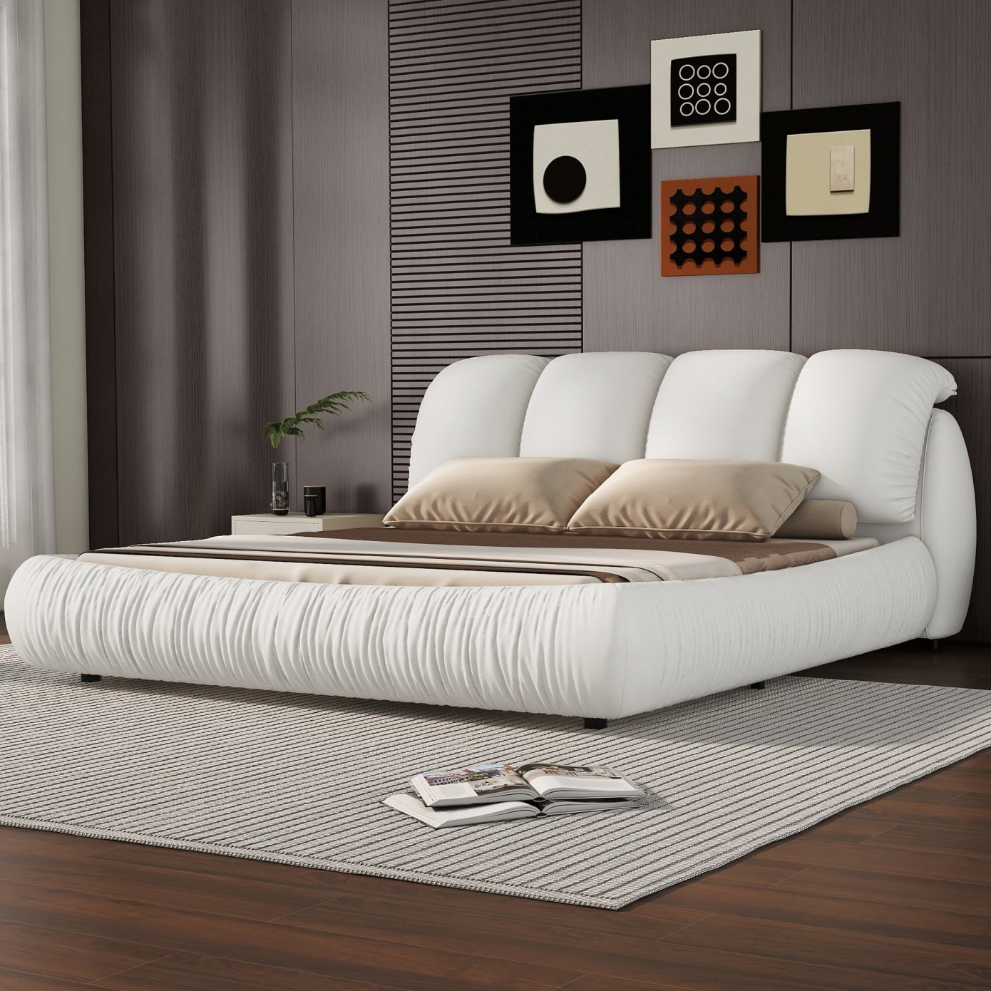 Queen Size Luxury Upholstered Bed With Thick Headboard, Leather Queen ...