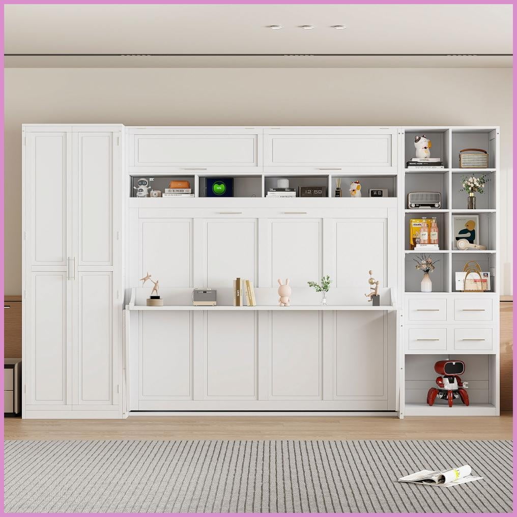 Queen Size MDF & Wood Murphy Wall Bed with Closet Drawers Shelves White ...
