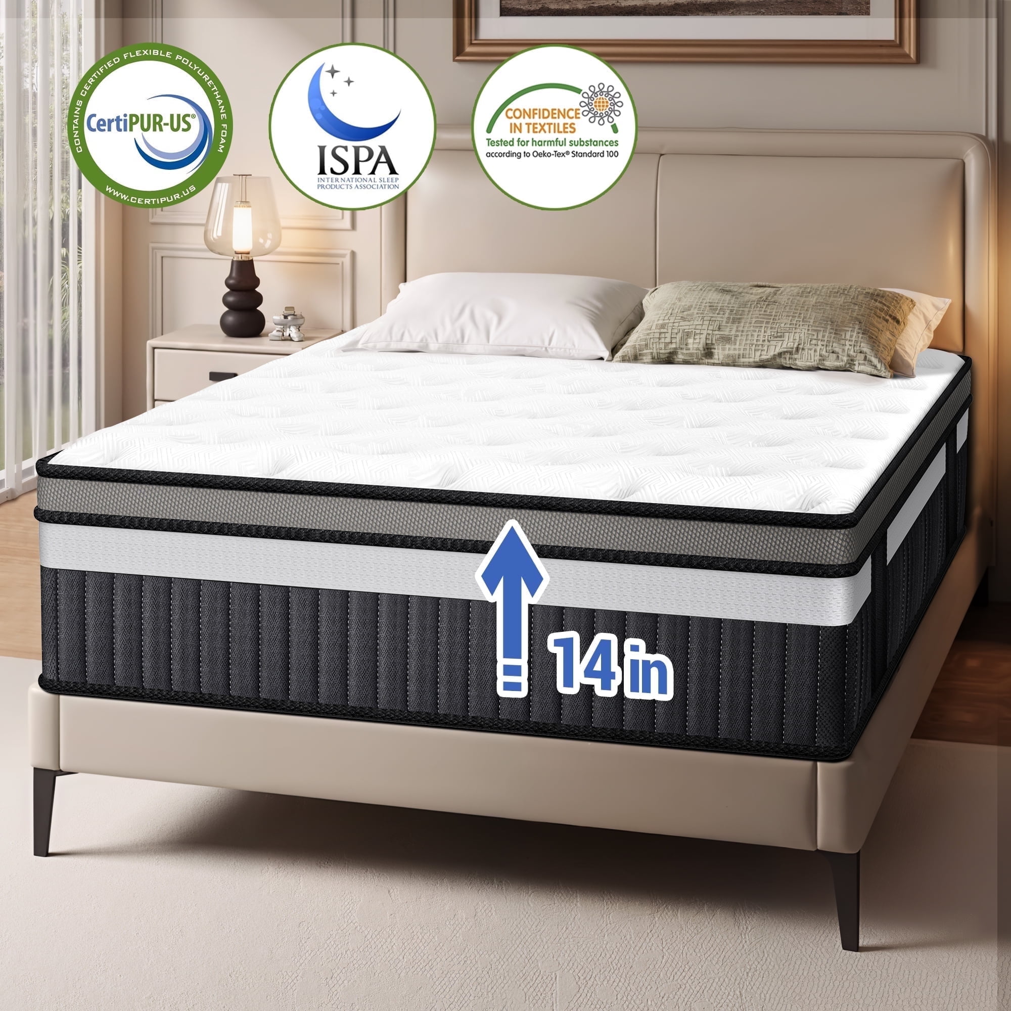 Queen Size Mattress, 14" Medium Firm Spring Hybrid Mattress In a Box ...