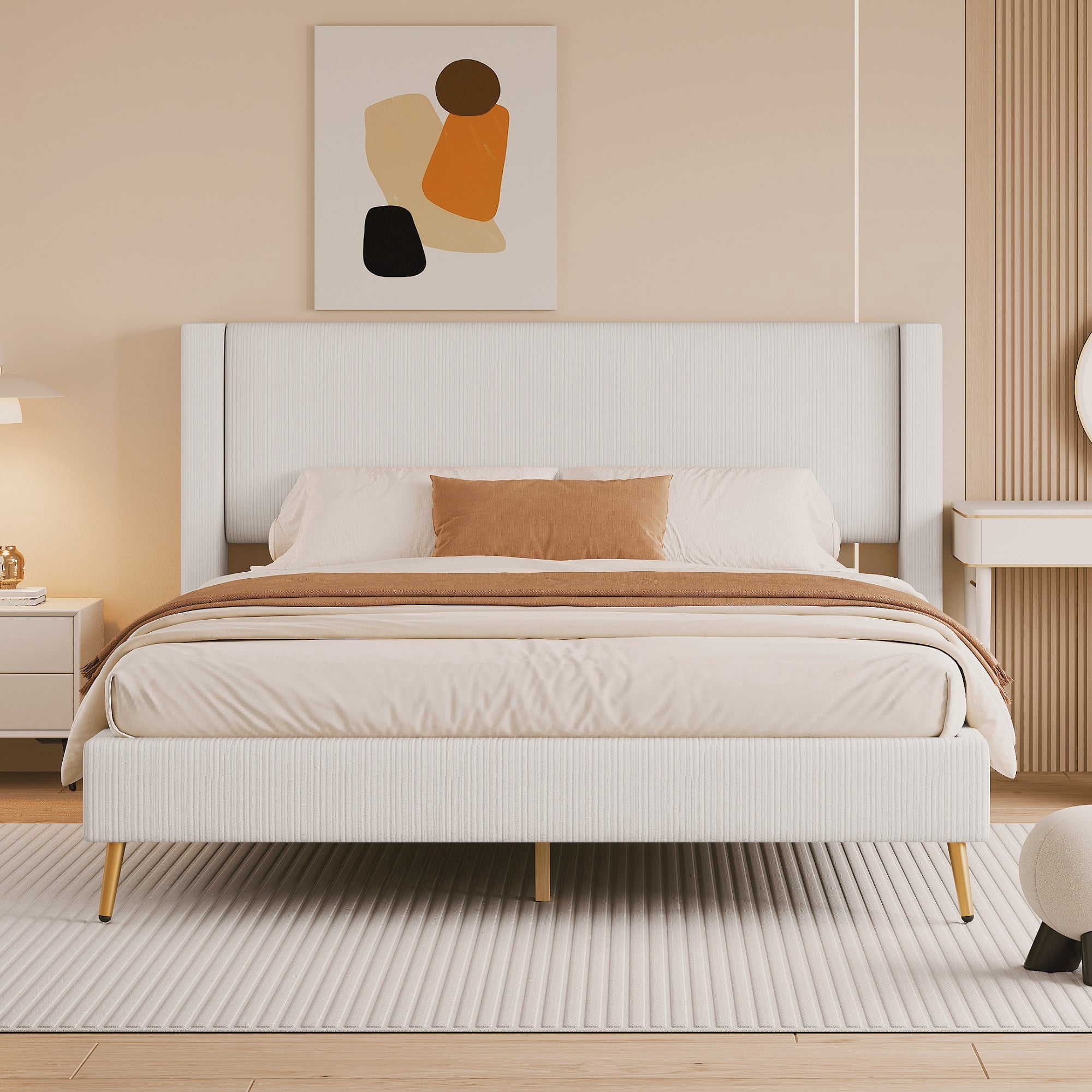 Queen Size Maximized Space Corduroy Platform Bed with Metal Legs(Beige ...