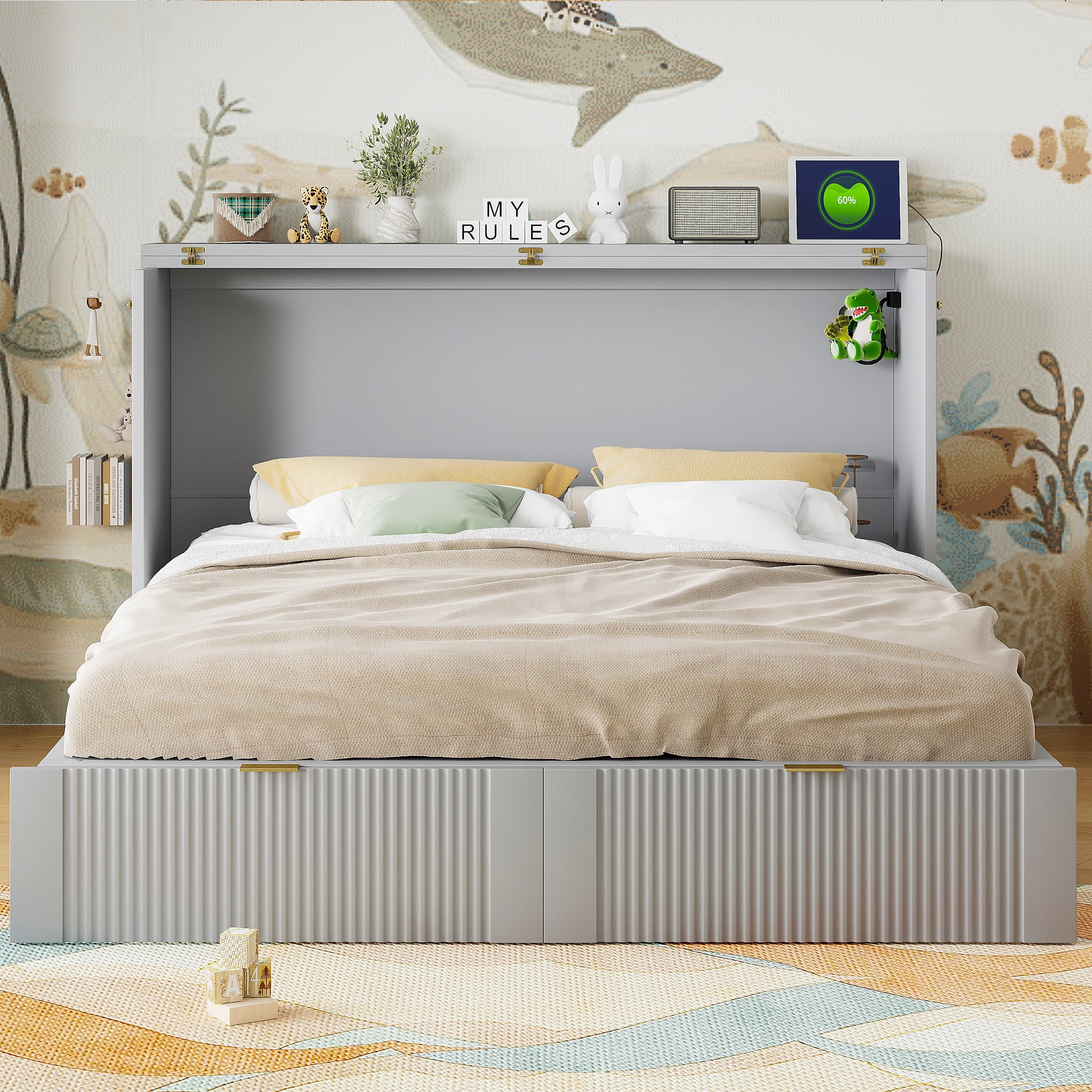 Queen Size Maximized Space Murphy Bed with Drawer and a Set of Sockets ...