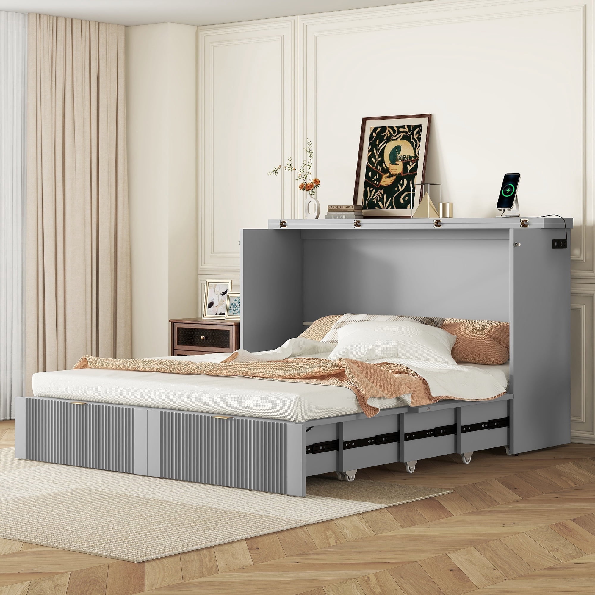 Queen Size Maximized Space Murphy Bed with Drawer and a Set of Sockets ...