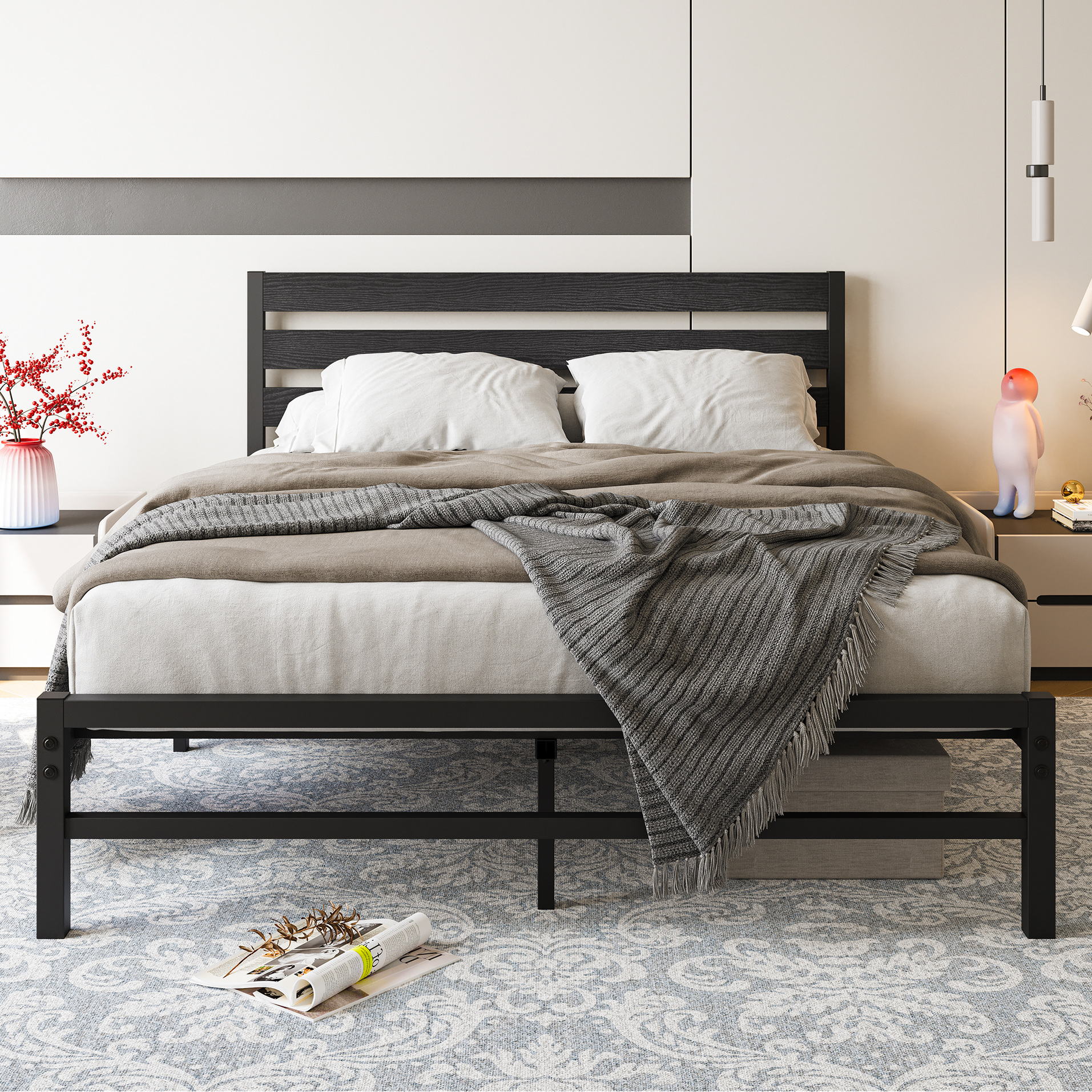 Queen Size Metal Bed Frame And Wooden Headboard. Non-slip, Noiseless ...