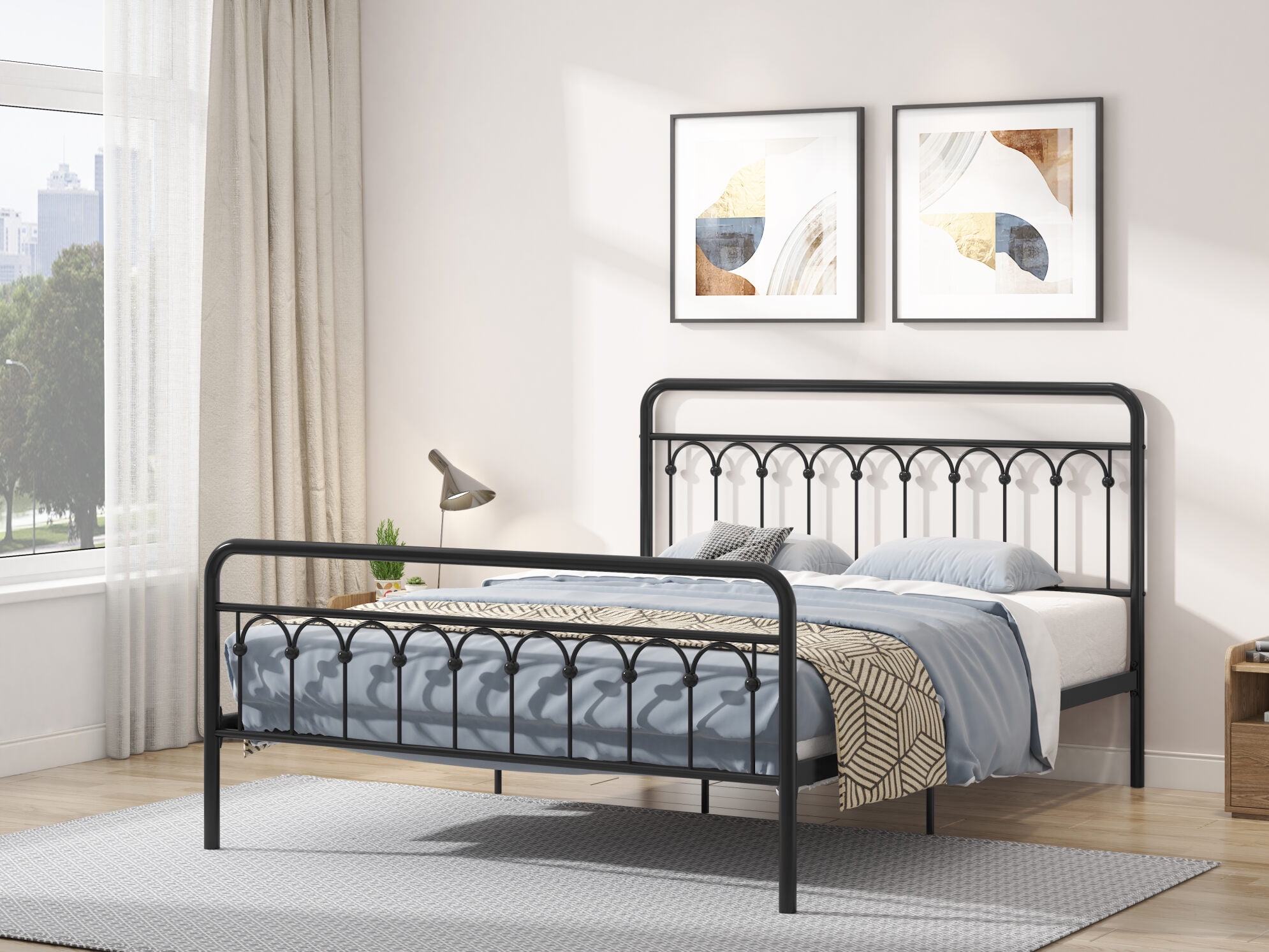 Queen Size Metal Bed Frame with curved headboard and footboard edges ...