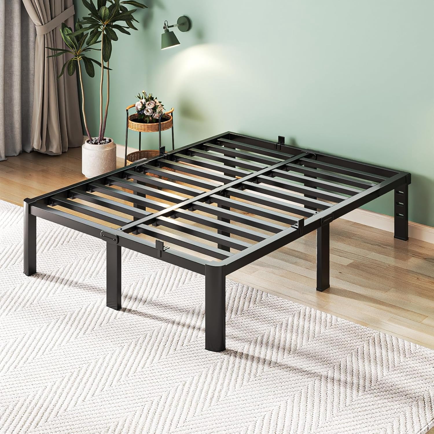 Queen Size Metal Bed Frame with Storage, LED Lights No Box Spring ...