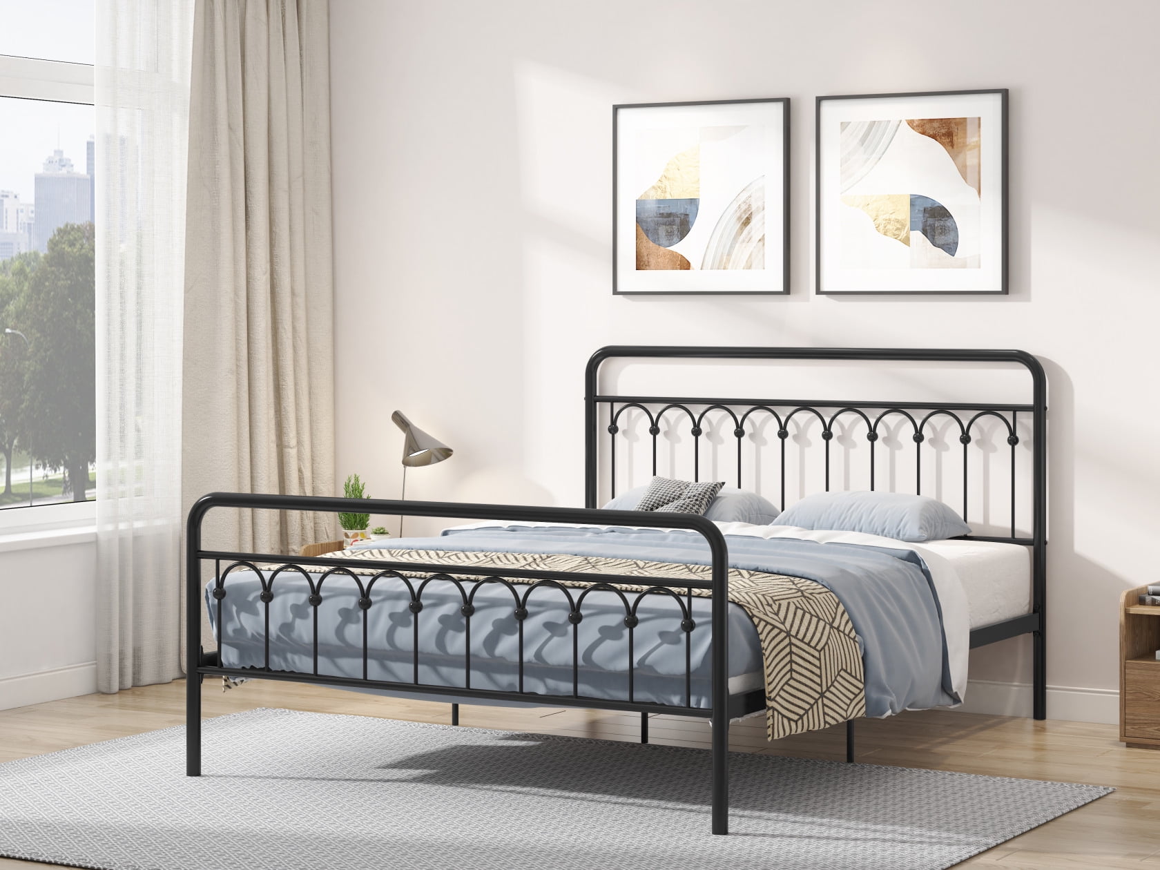 Queen Size Metal Bed Frame with Vintage Headboard and Footboard ...