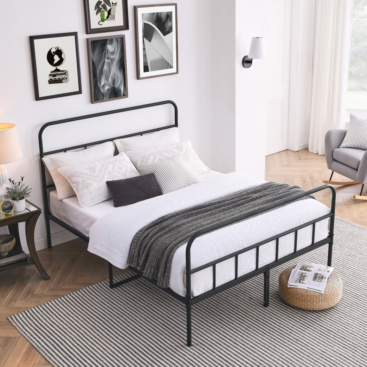Queen Size Metal Bed, Iron Platform Bed Frame with Headboard and ...