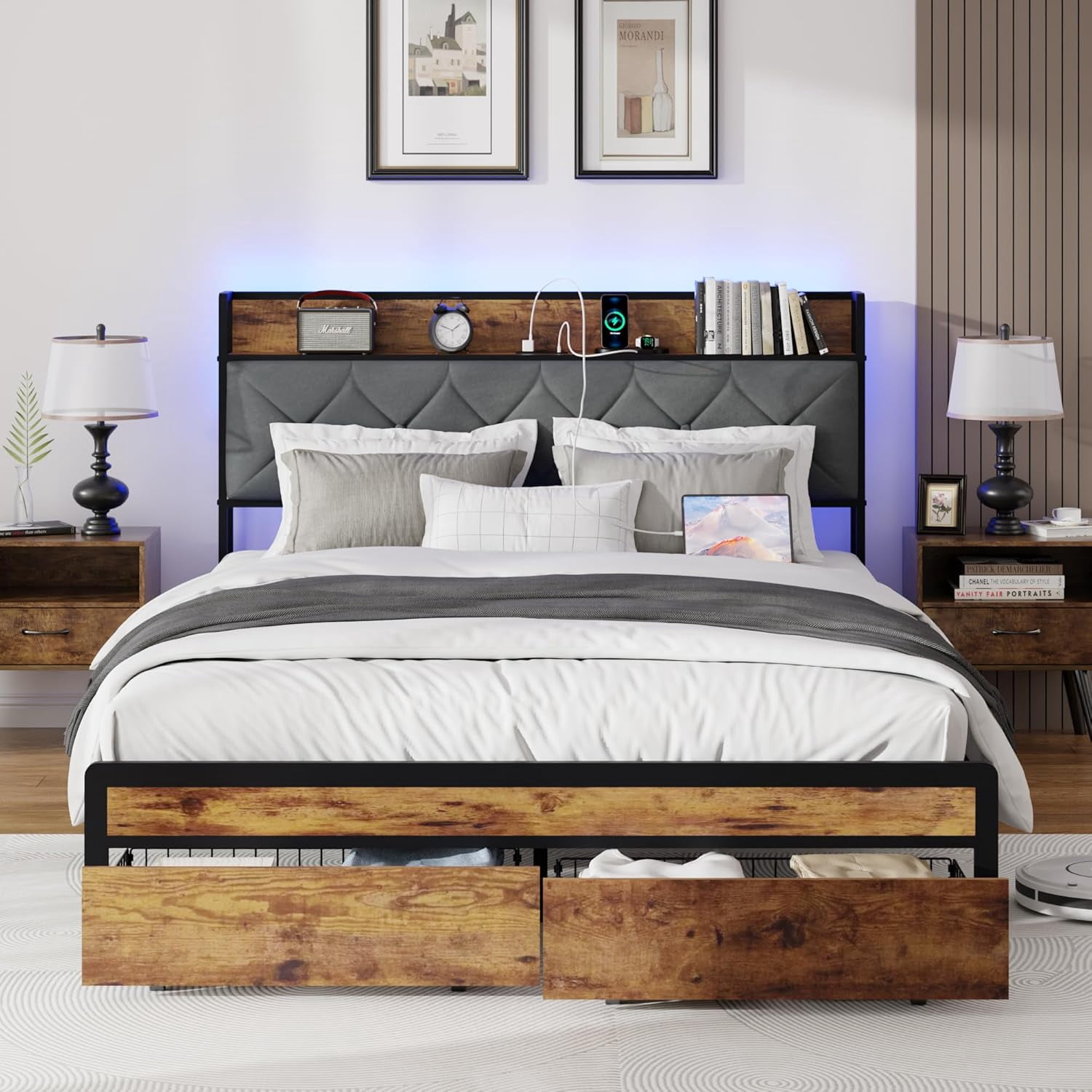Queen Size Metal Platform Bed Frame with Velvet Headboard, 2 Storage ...