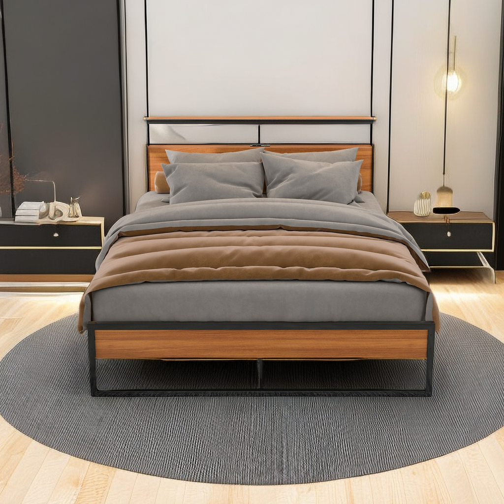 Queen Size Metal Platform Bed with Sockets, USB Ports and Slat Support ...