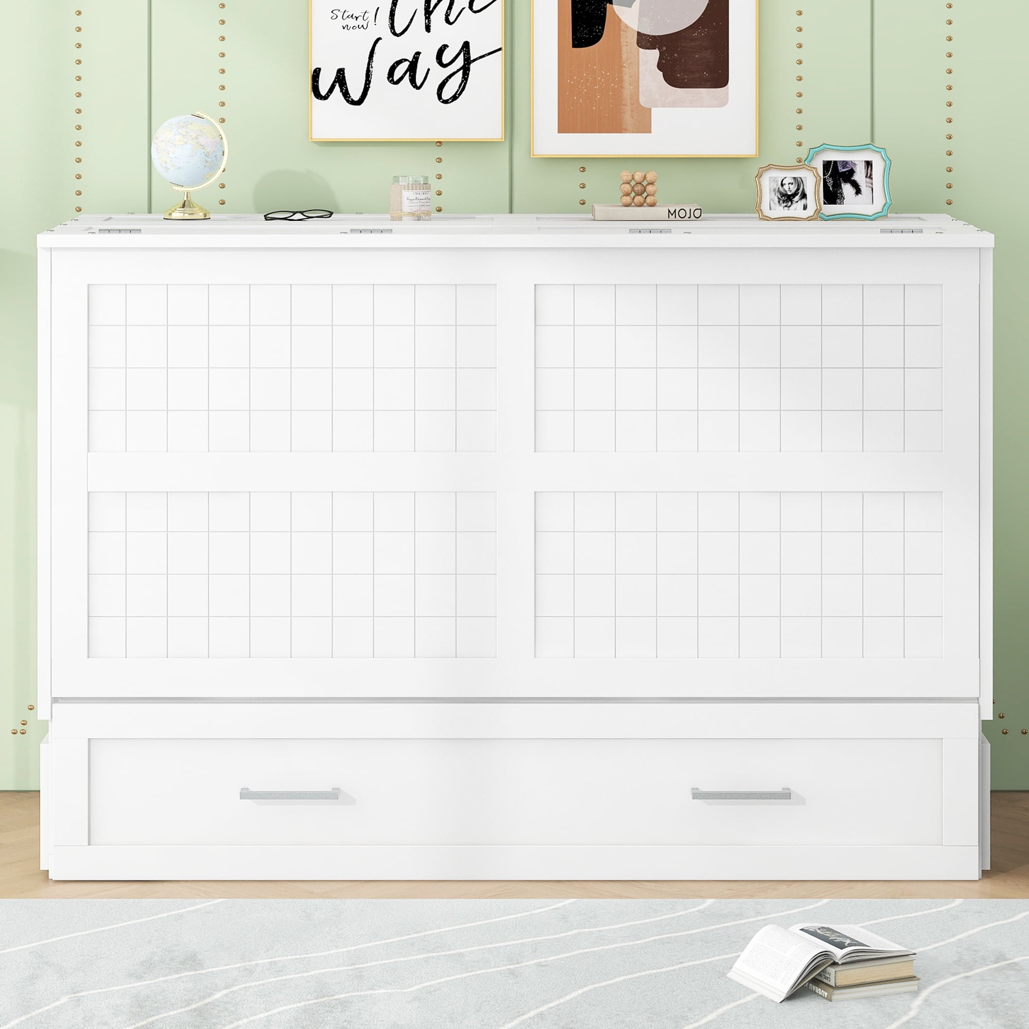 Queen Size Mobile Murphy Bed with Drawer and Little Shelves on Each ...