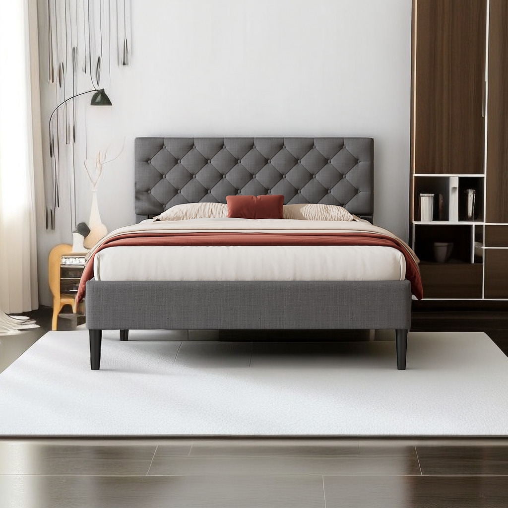 Queen Size Modern Upholstered Linen Platform Bed, Solid Construction ...