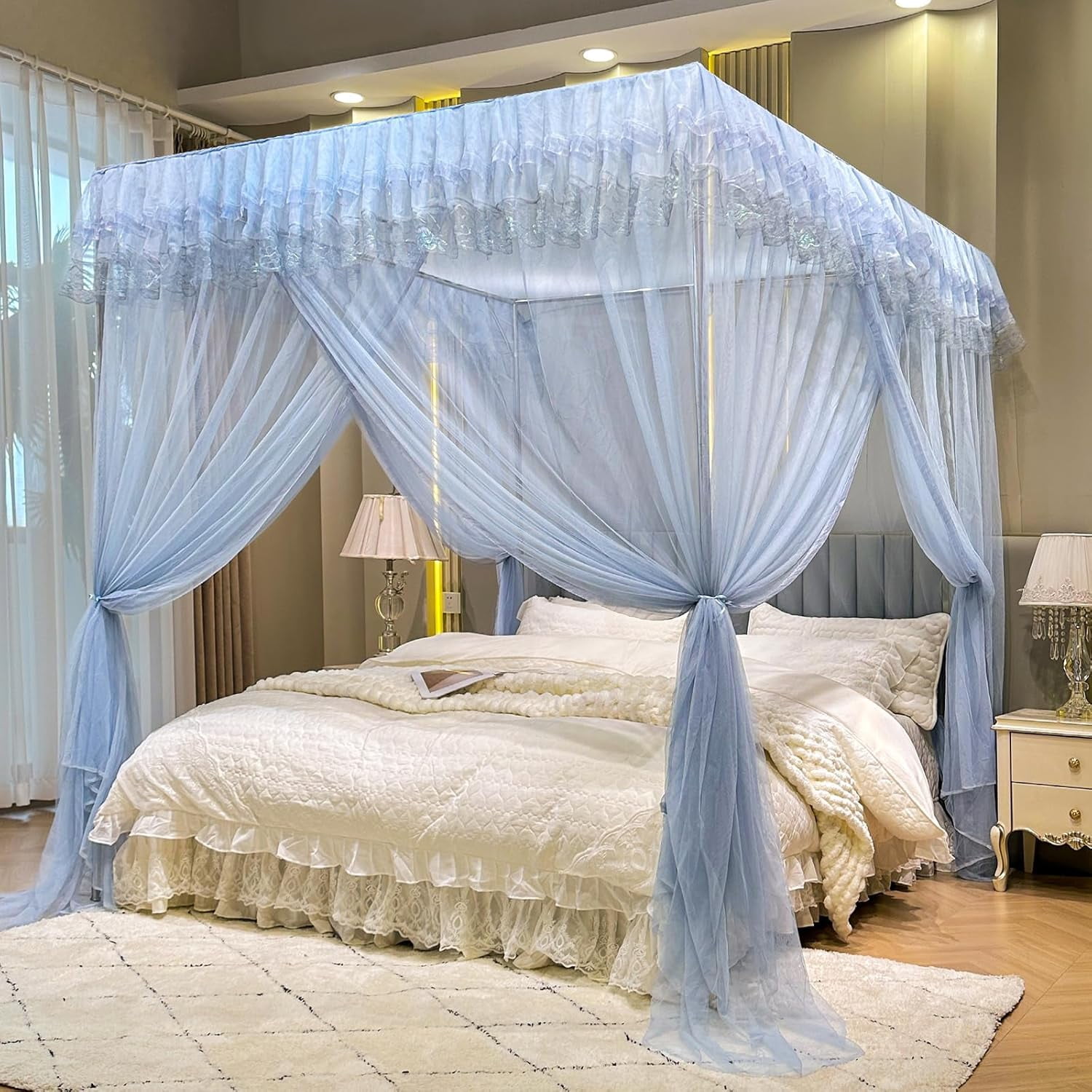 ‌Queen Size Mosquito Net Canopy - 3-Side Opening Lace Top Bed Tent (No ...