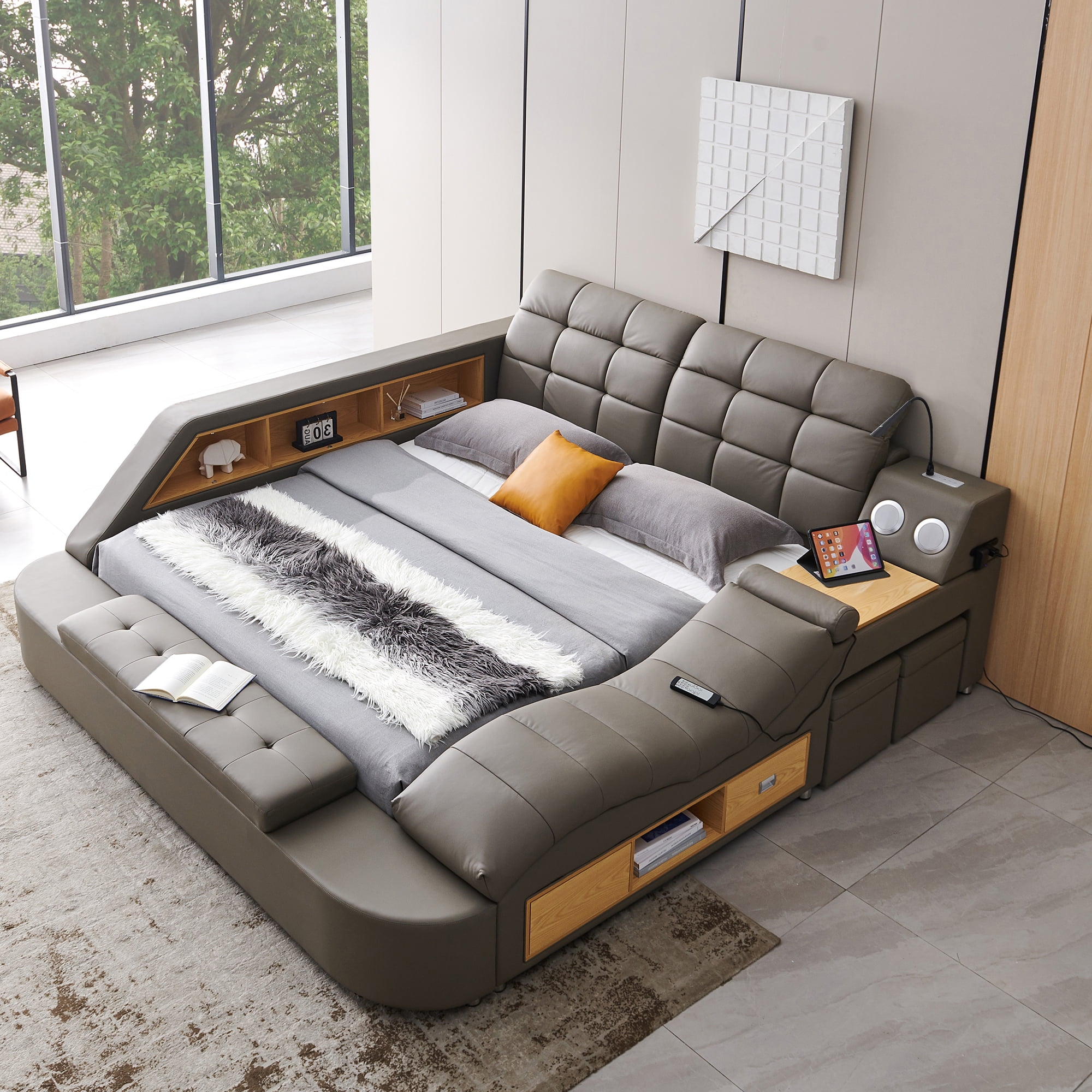 Queen Size Multifunctional Bed Frame, Upholstered Storage Platform with ...