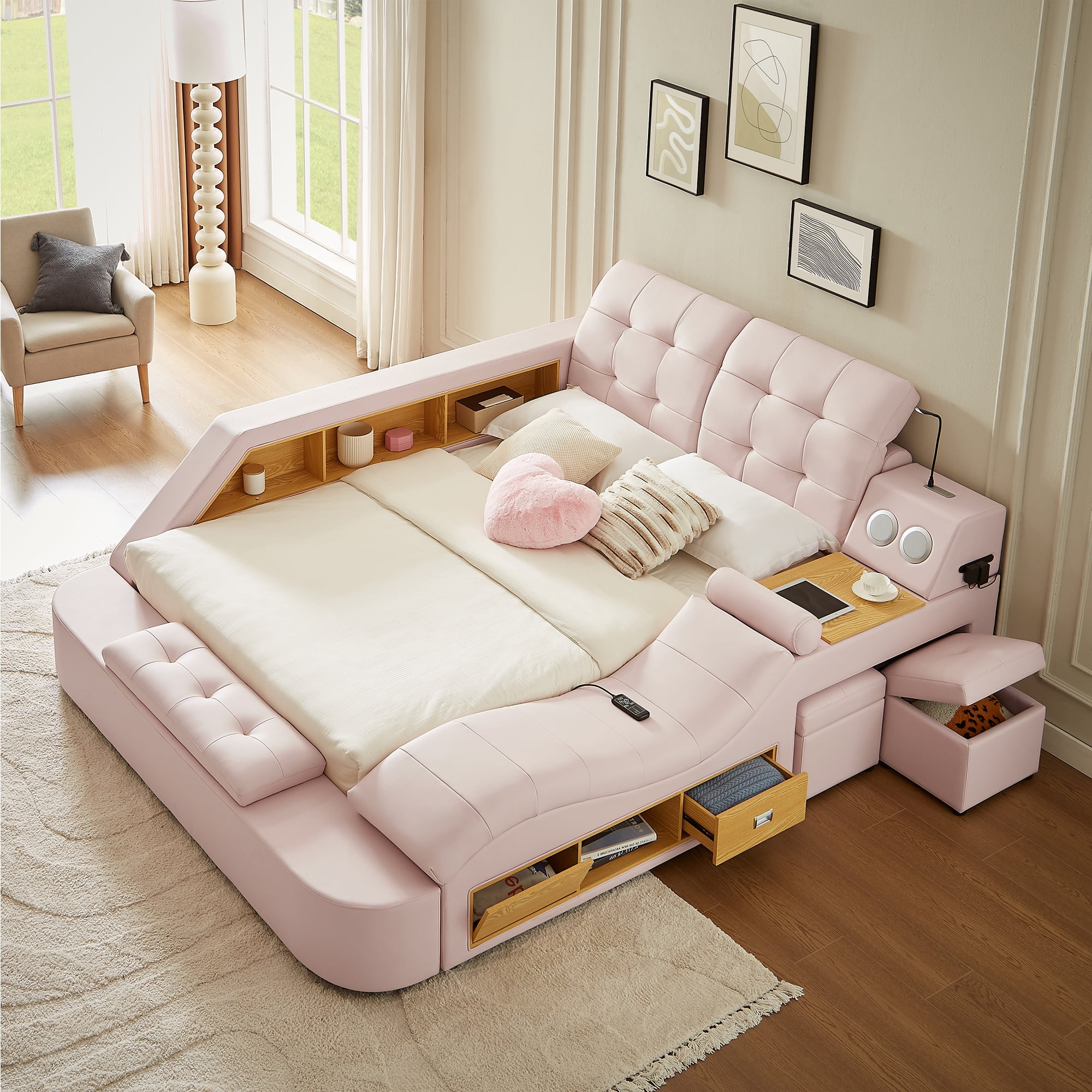 Queen Size Multifunctional Bed Frame, Upholstered Storage Platform with ...