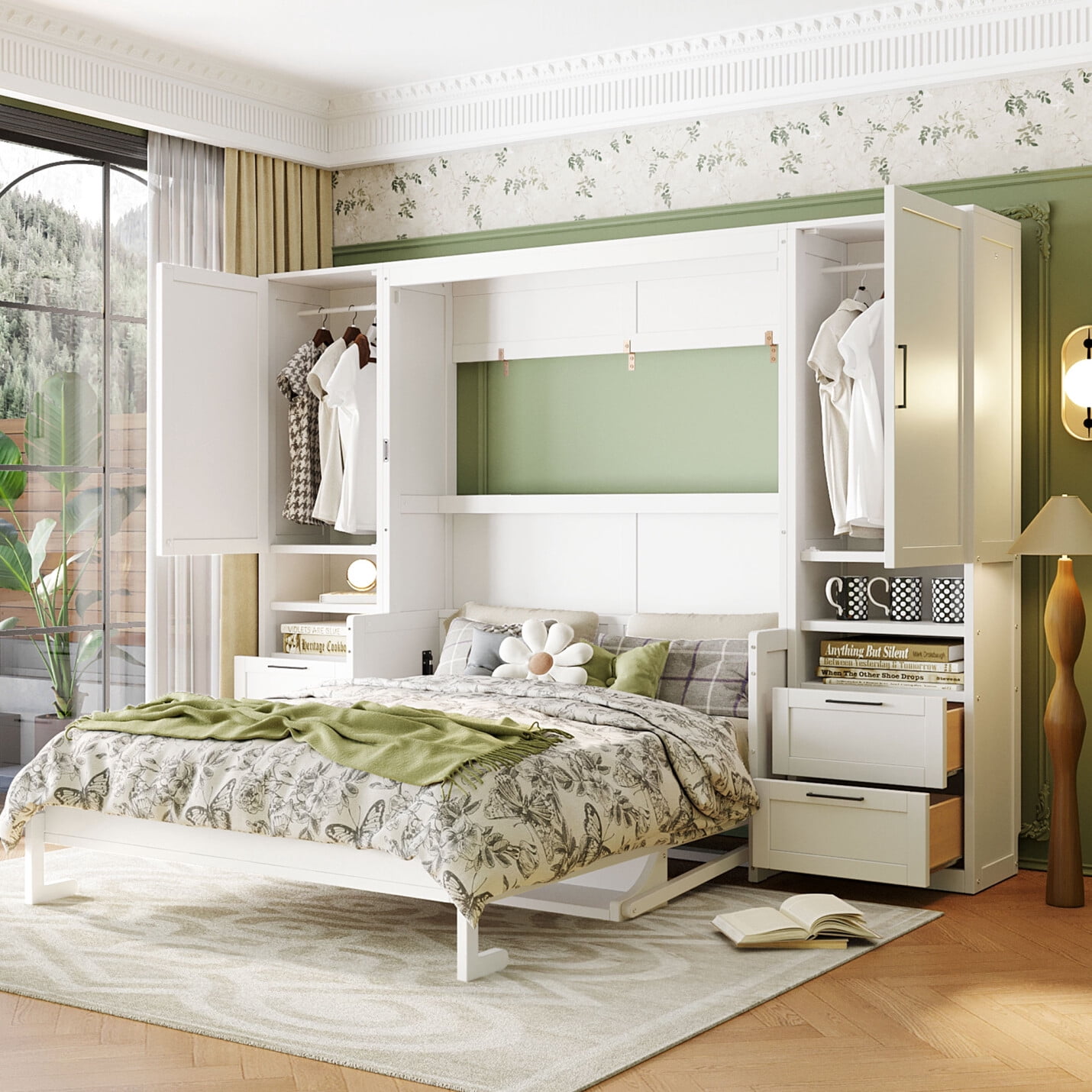 Queen Size Murphy Bed with 2 Closets & 4 Drawers, Space-Saving Foldable ...