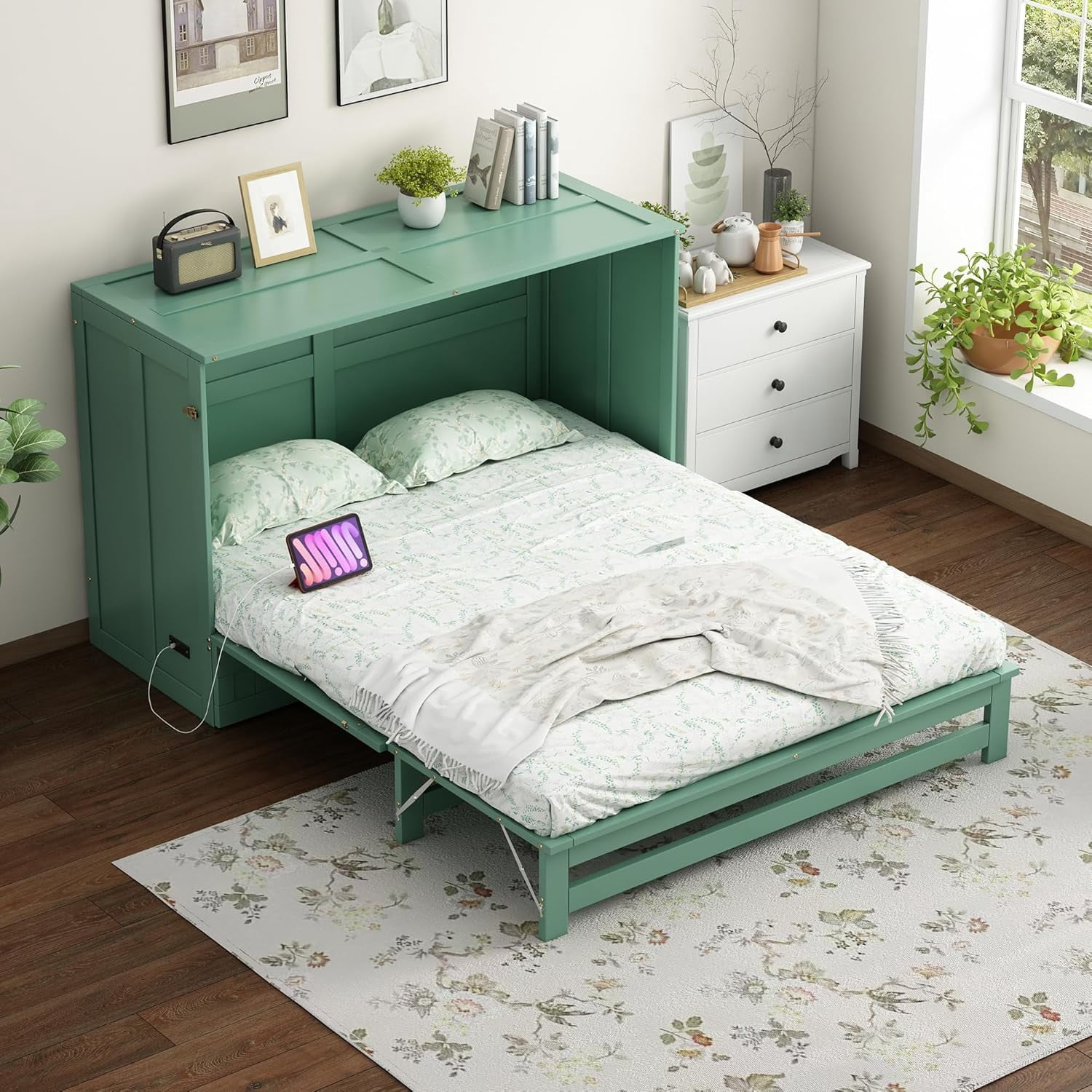 Queen Size Murphy Bed with Built-in Charging Statio, Solid Wood Murphy ...