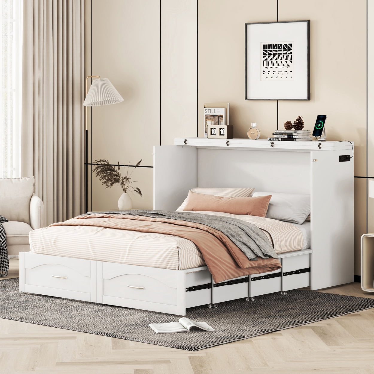 Queen Size Murphy Bed Cabinet, Modern Chest Bed with Drawer, A Set of ...