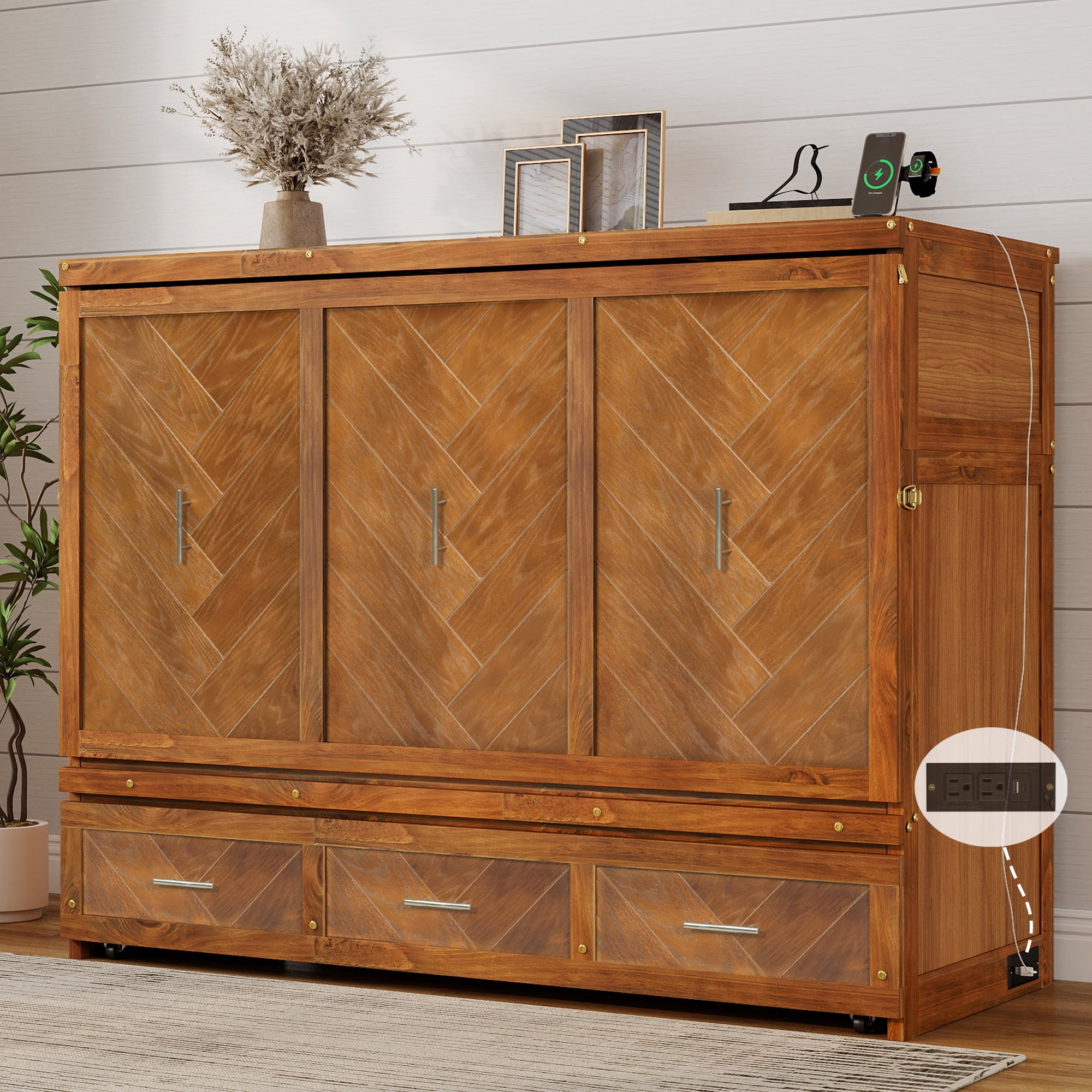 Queen Size Murphy Bed with Charging Station and 3 Storage Drawers, Pine ...