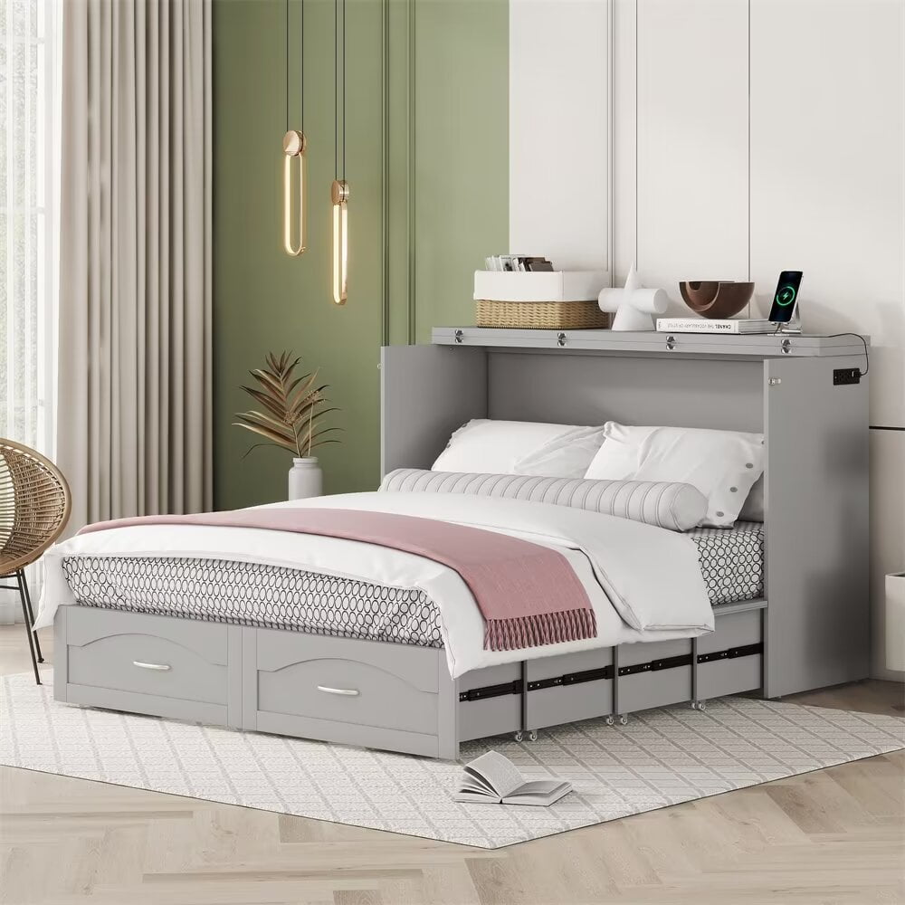 Queen Size Murphy Bed with Drawer, Sockets & USB Ports, Wooden Cabinet ...