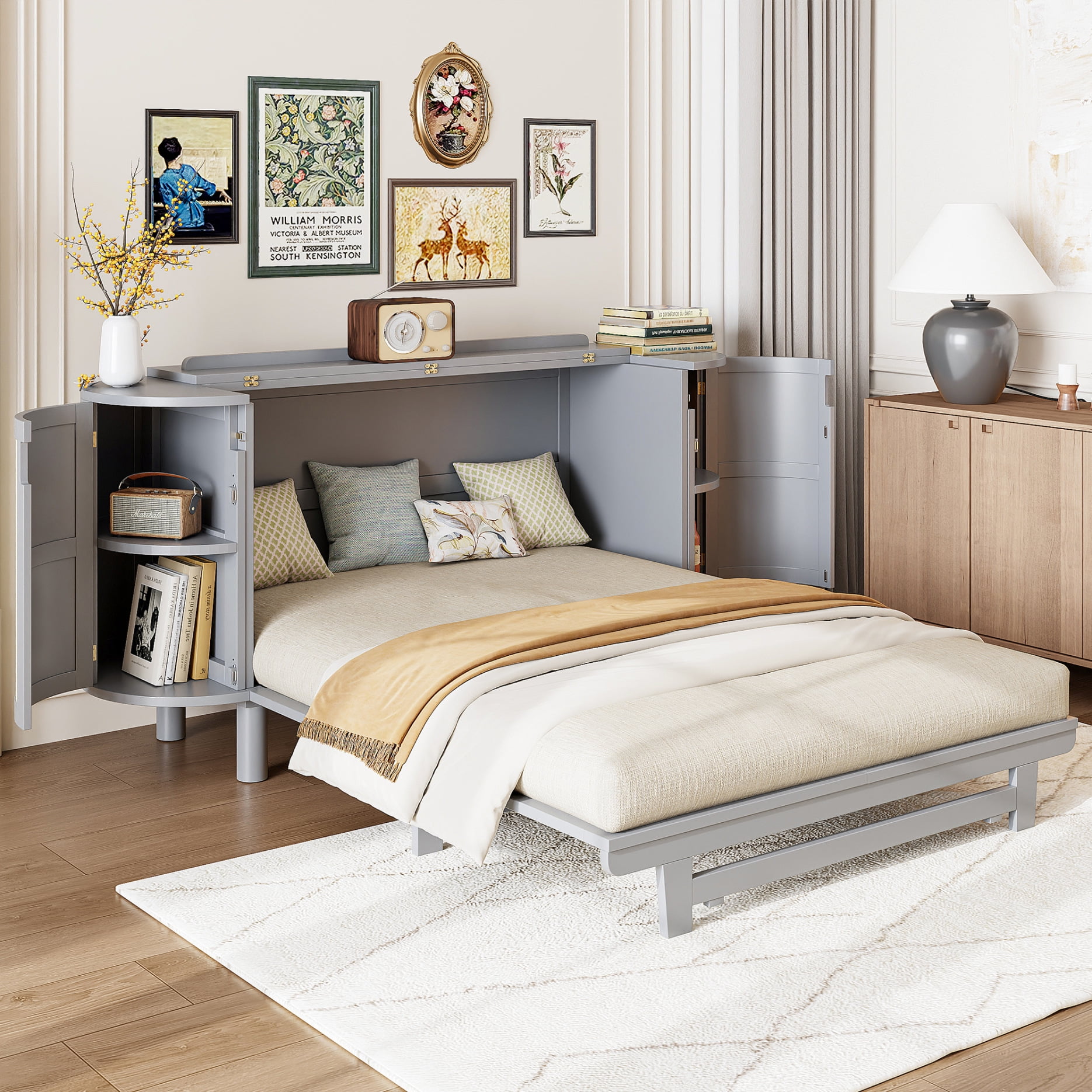Queen Size Murphy Bed with Dual Side Cabinets, Space-Saving Foldable ...