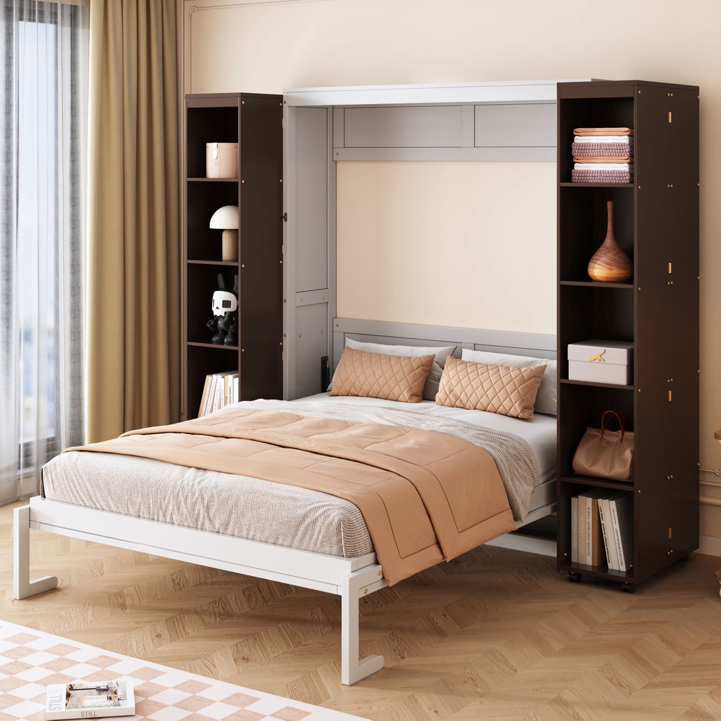 Queen Size Murphy Bed with Foldable Storage Cabinets, Modern Hideaway ...