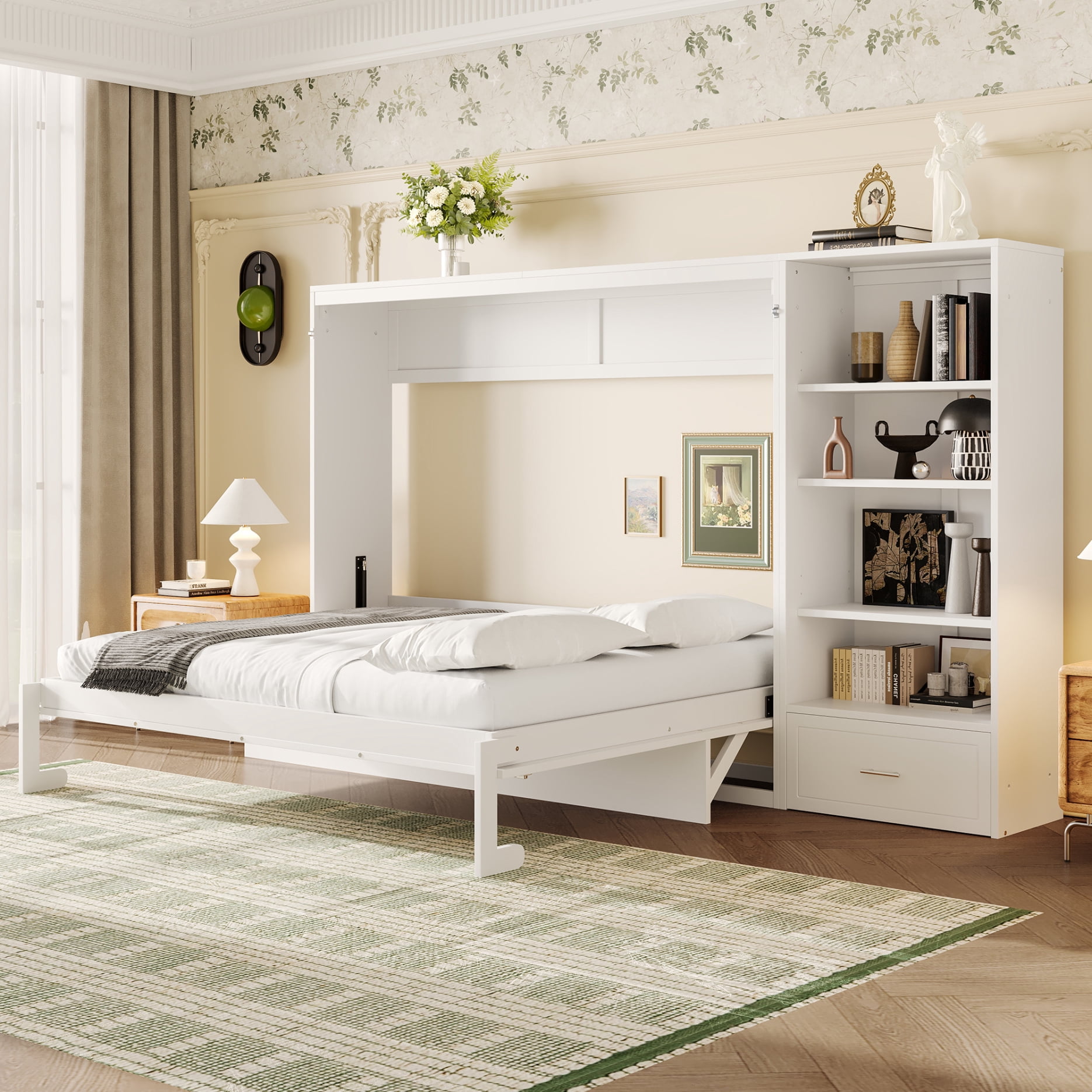 Queen Size Murphy Bed with Height Adjustable Storage Shelves, Wood Wall ...