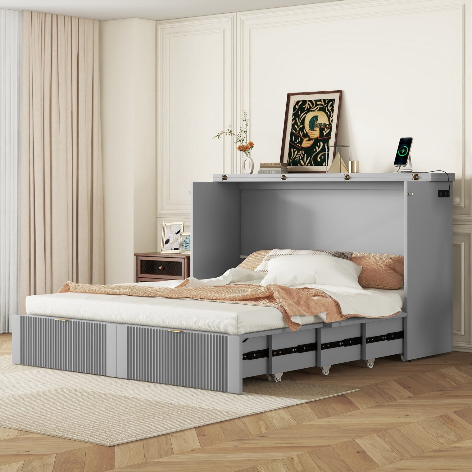 Queen Size Murphy Bed, Modern Wall Bed Frame with Drawer, Socket, USB ...