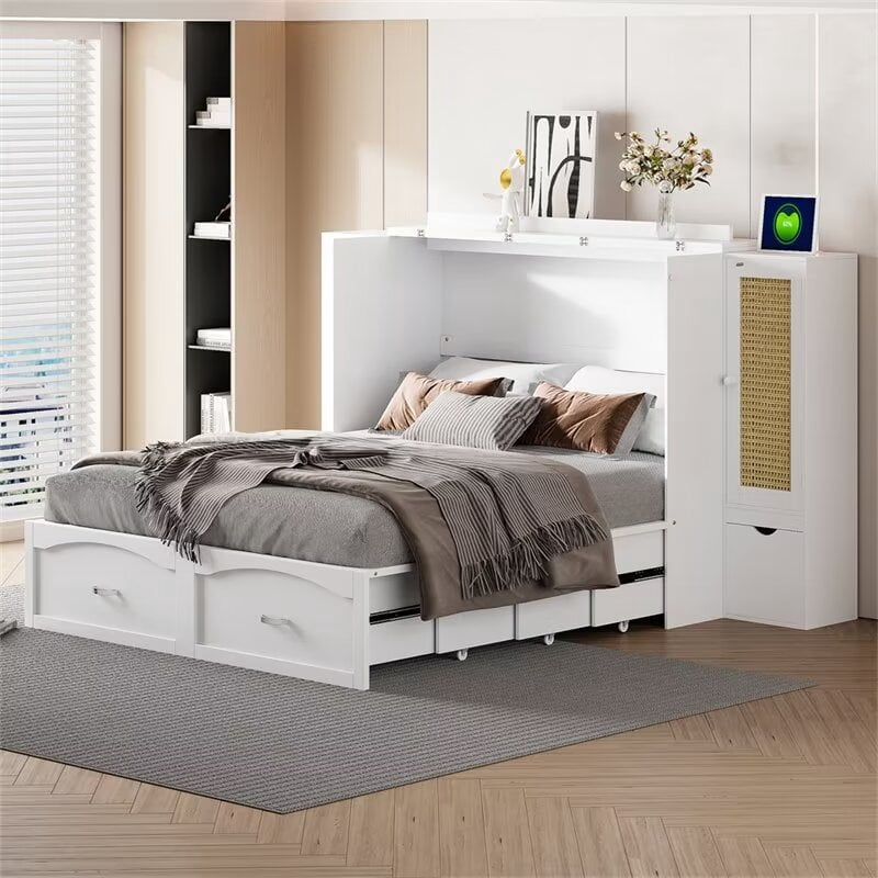 Queen Size Murphy Bed with Rattan Storage Cabinets and Drawer, Solid ...