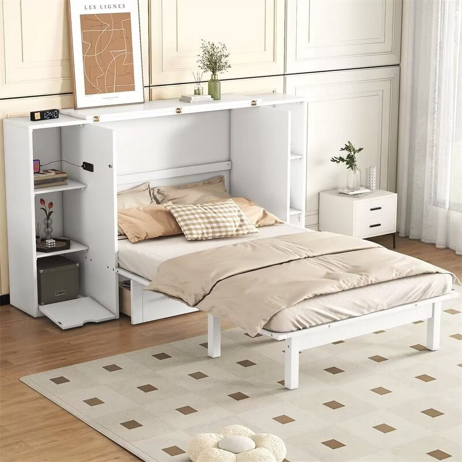 Queen Size Murphy Bed with Shelves, Drawers and USB Ports, Solid Wood ...