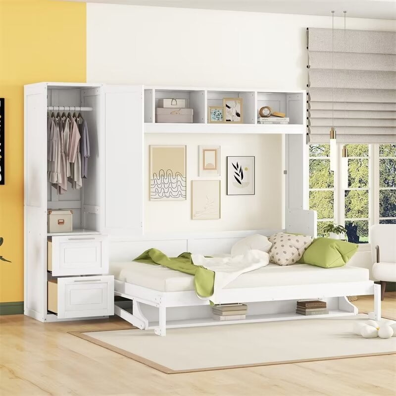 Queen Size Murphy Bed Wall Bed with Closet and Drawers, Folding Bed ...