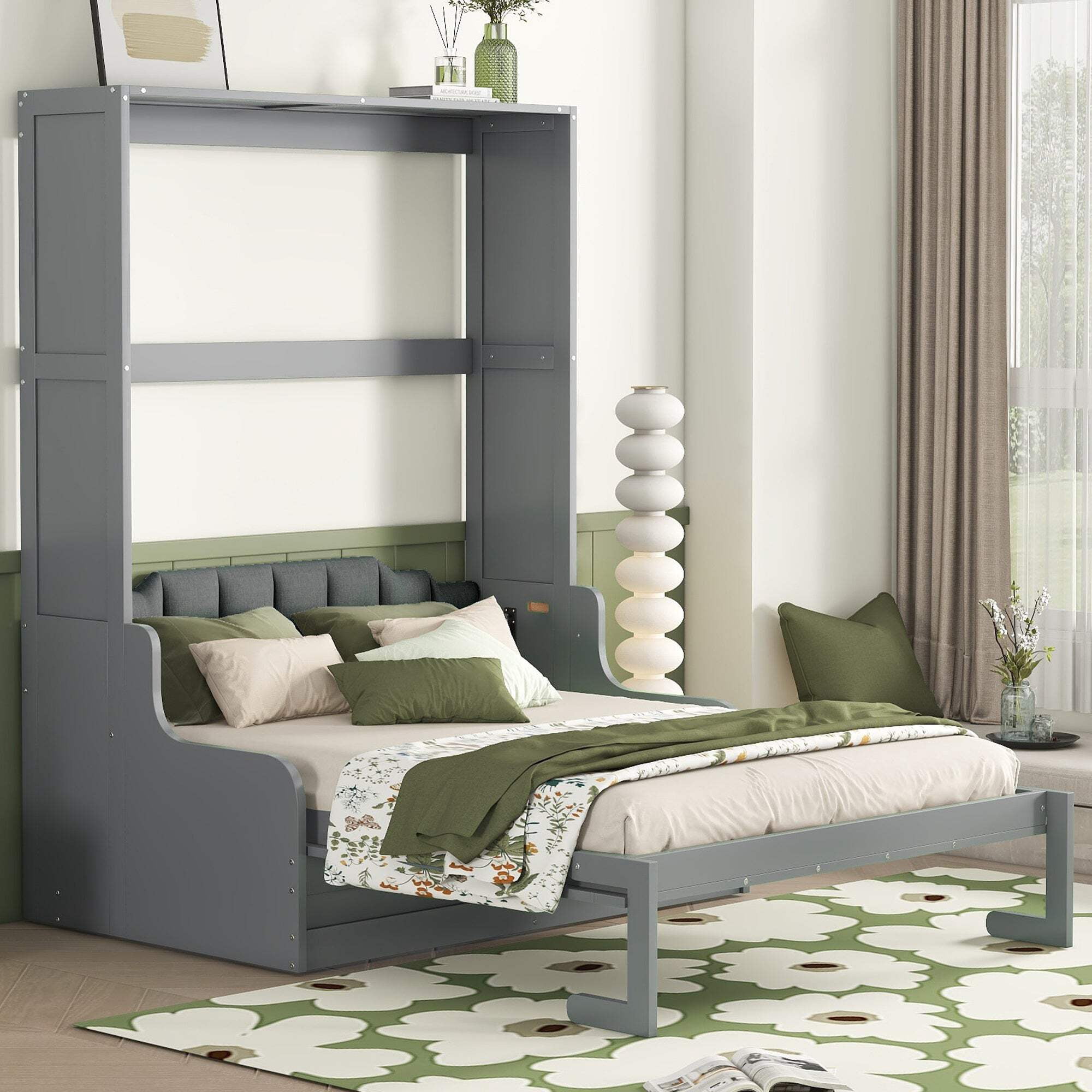Queen Size Murphy Bed Wall Bed With Cushion,Gray Queen Gray Mdf Lvl ...