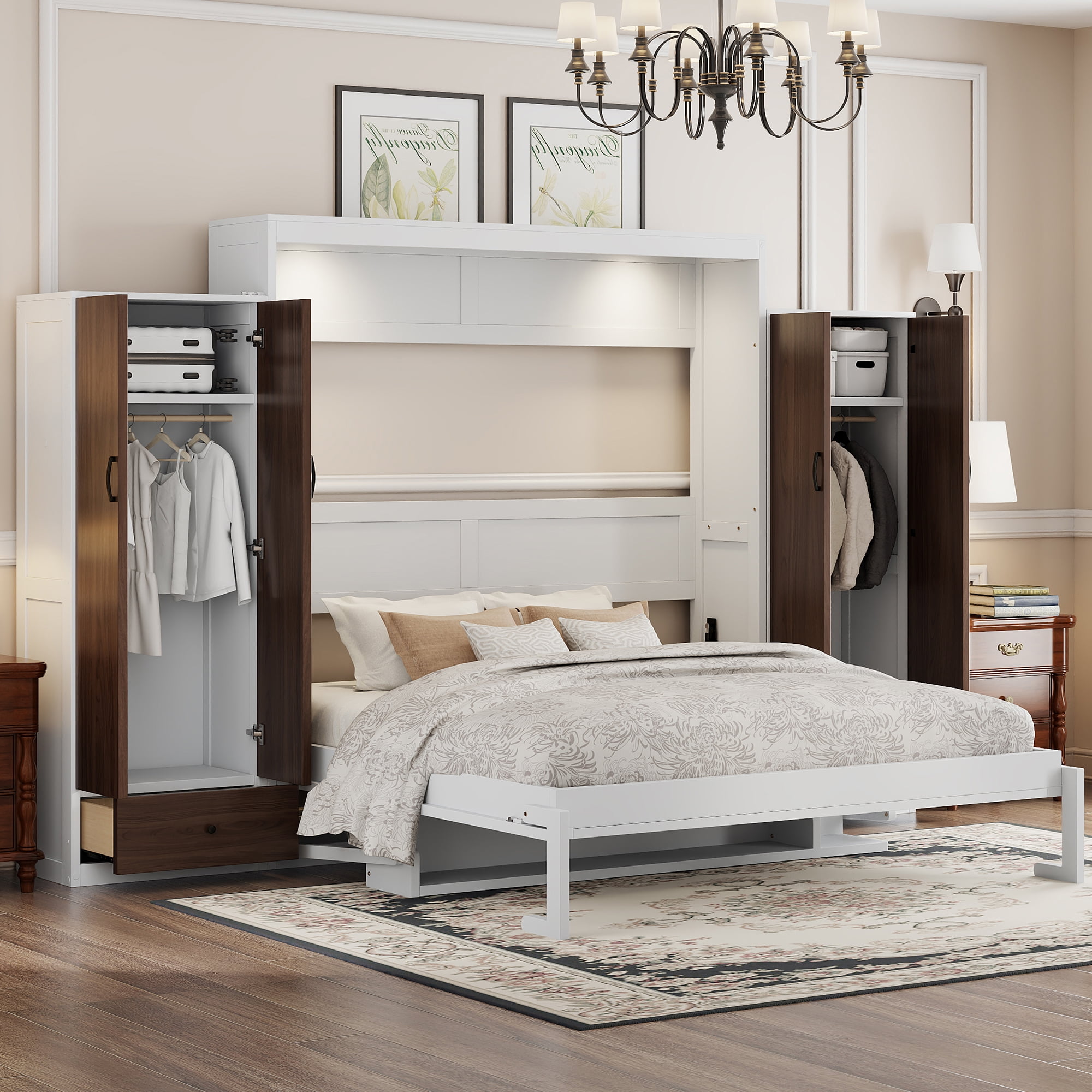 Queen Size Murphy Bed Wall Bed with Closet ,Drawers and Table,White ...
