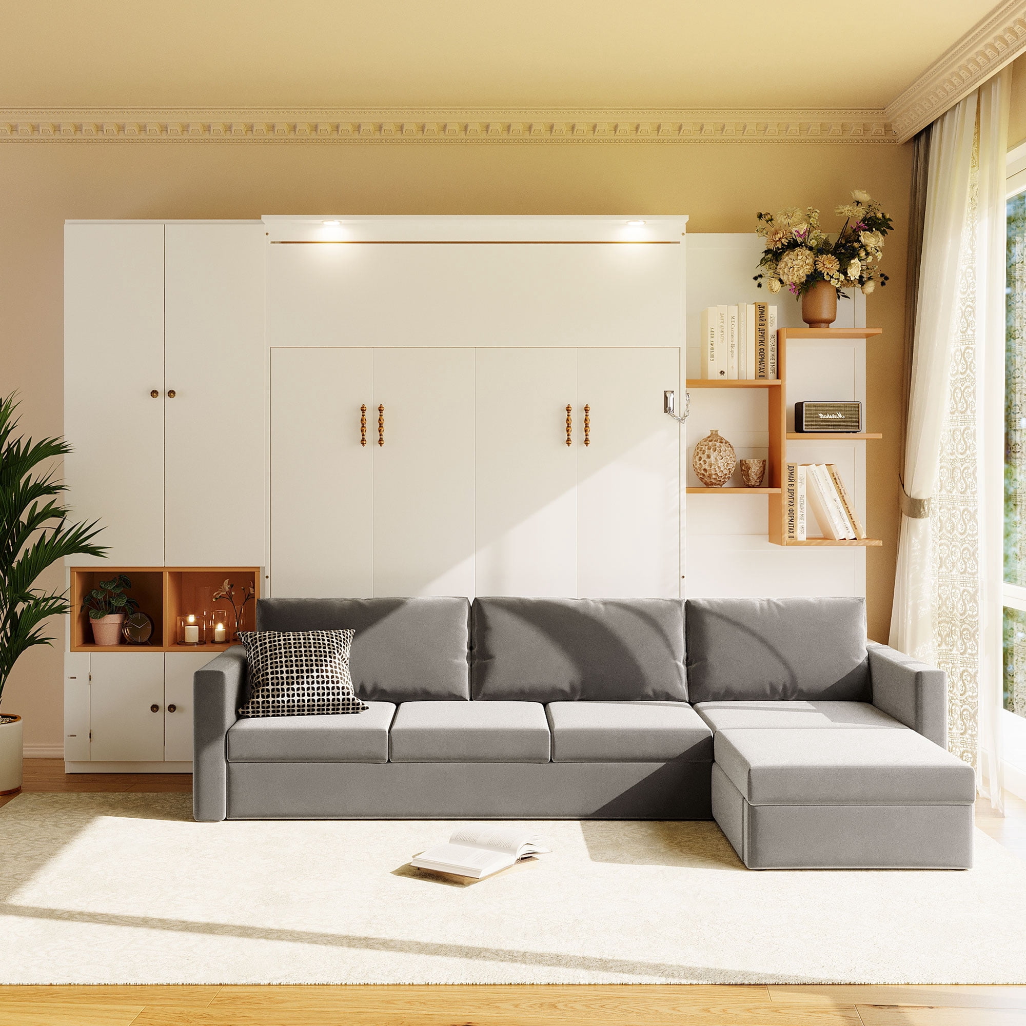 Queen Size Murphy Bed with Built-in Sofa and Storage Shelves, Space ...