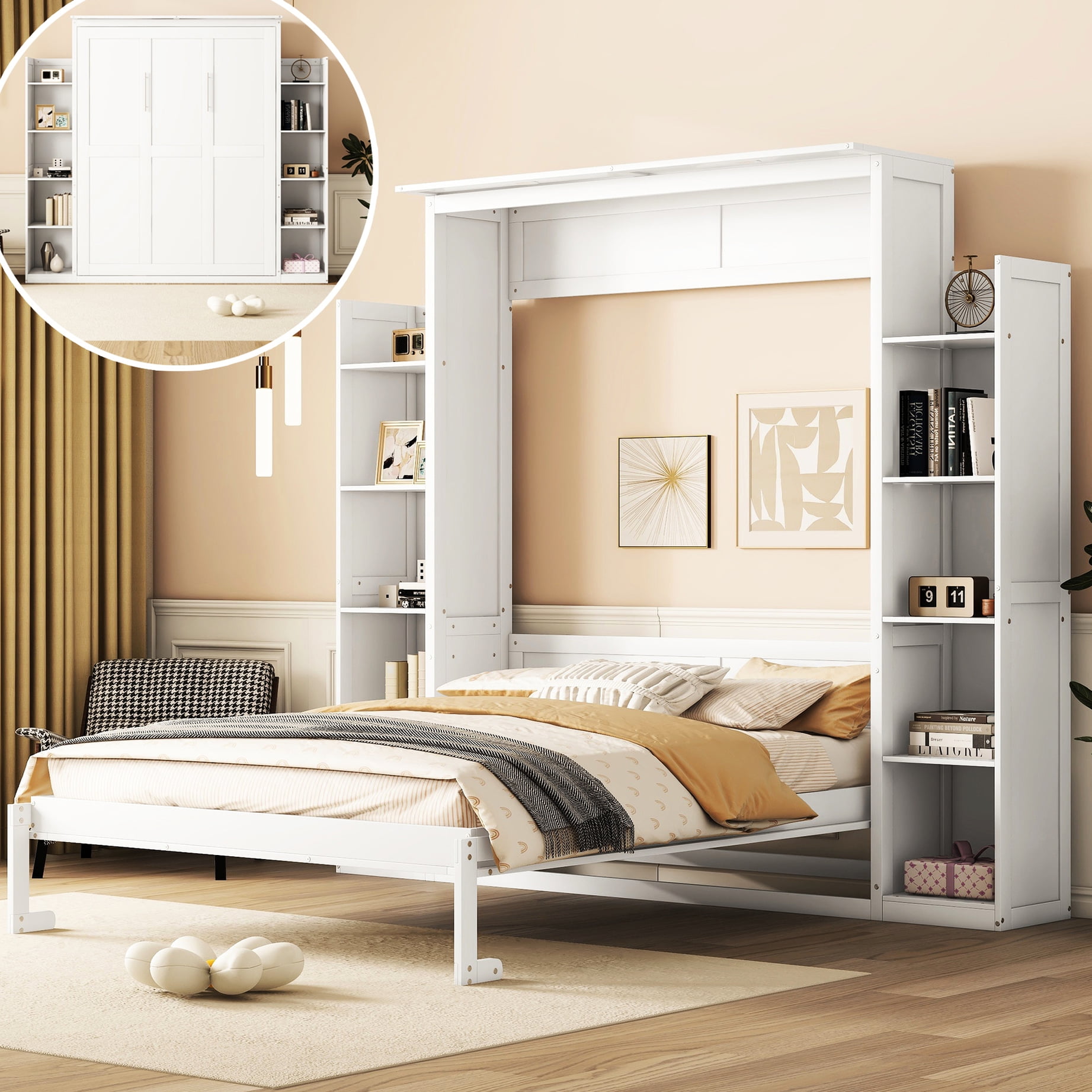 Queen Size Murphy Bed with Flexible Slats and Storage - Comfortable for ...