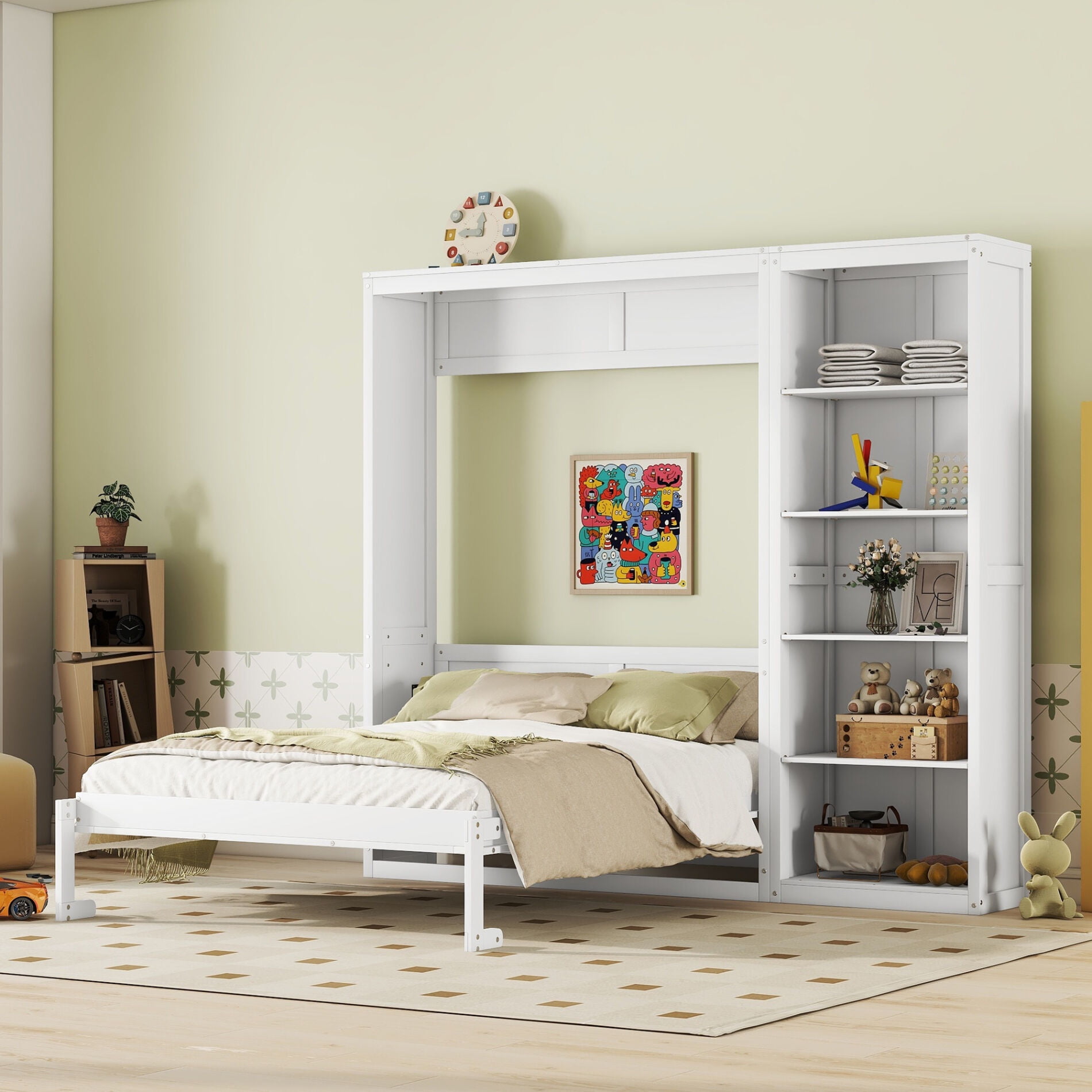 Queen Size Murphy Bed with Shelves, Solid Wood Wall Bedframe for ...