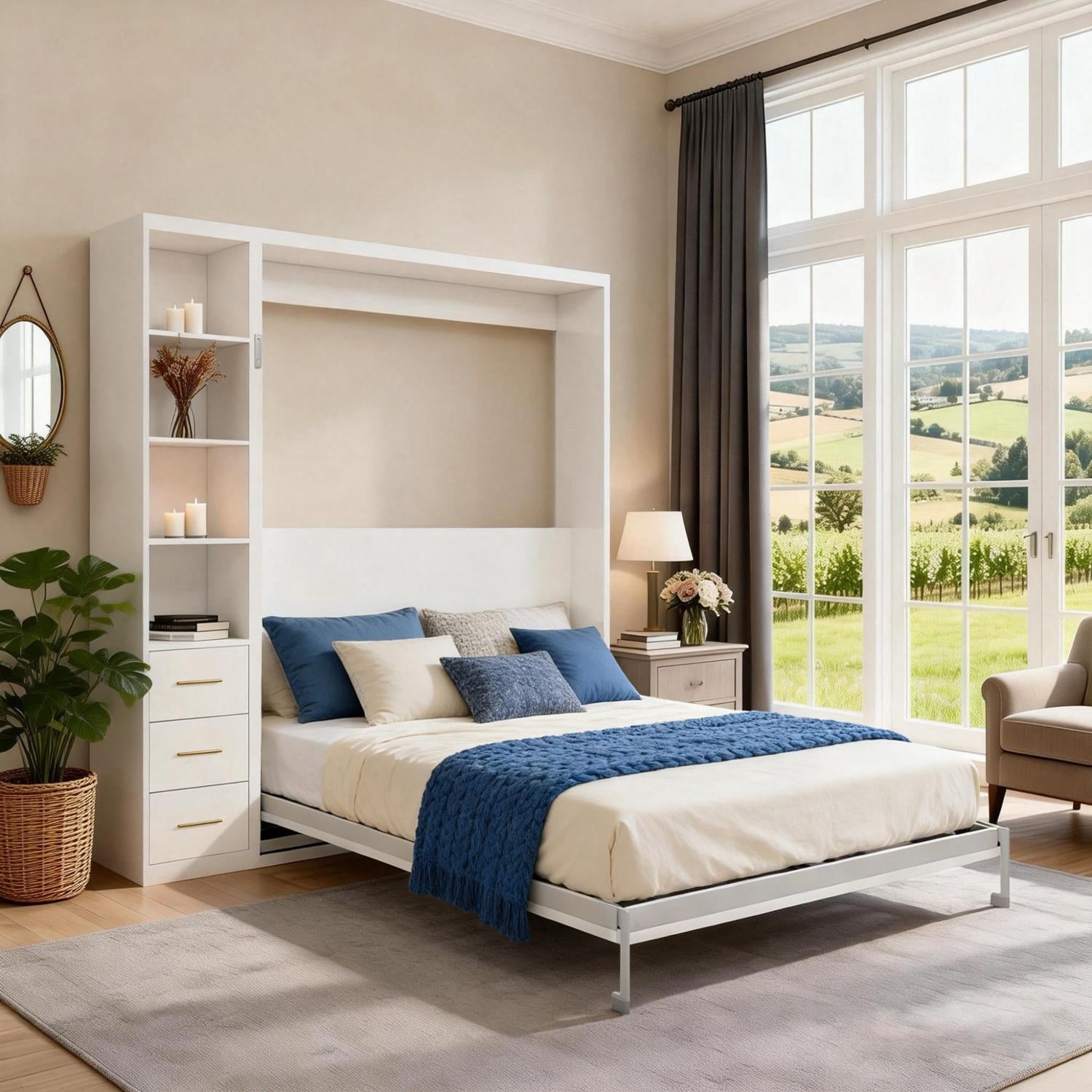 Queen Size Murphy Wall Bed with Desk and Side Cabinet, Foldable Wall ...
