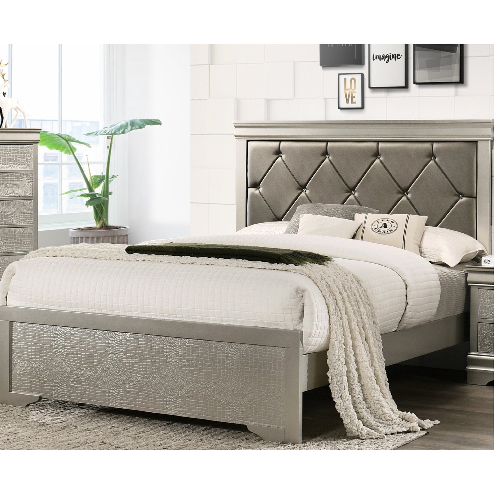 Queen Size Panel Bed with Beige Finish, Crystal-Like Button Tufted and ...