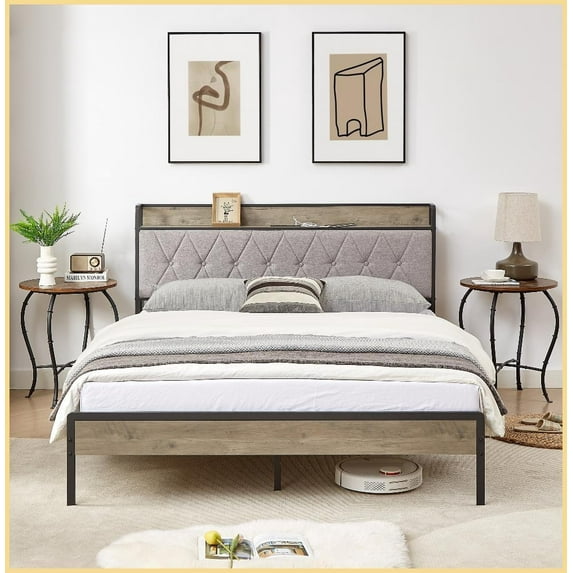 Queen Size Particle Board & Steel Platform Bed Frame with Charging ...