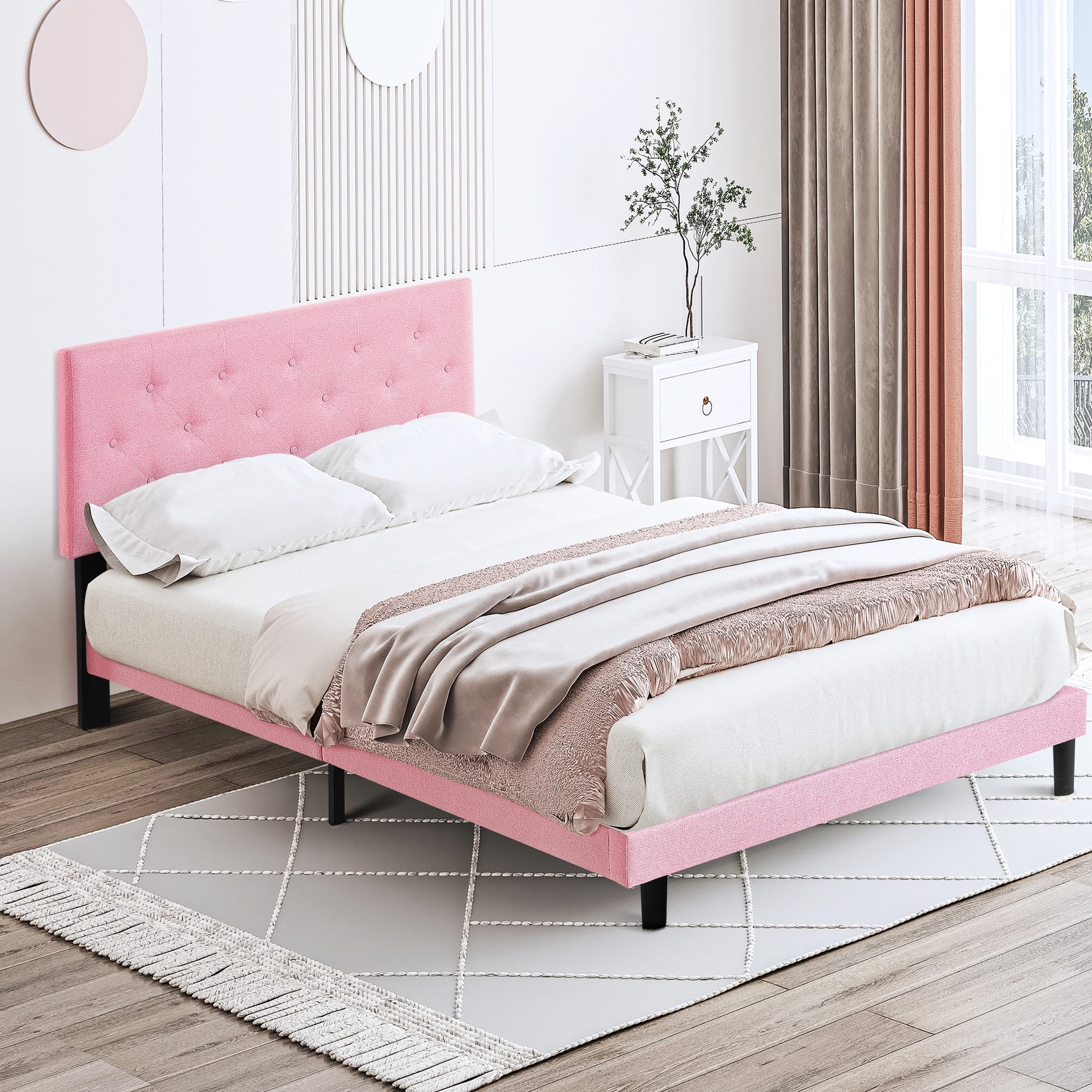 Queen Size Pink Bed Frame with Button Tufted Linen No Box Spring Easy ...