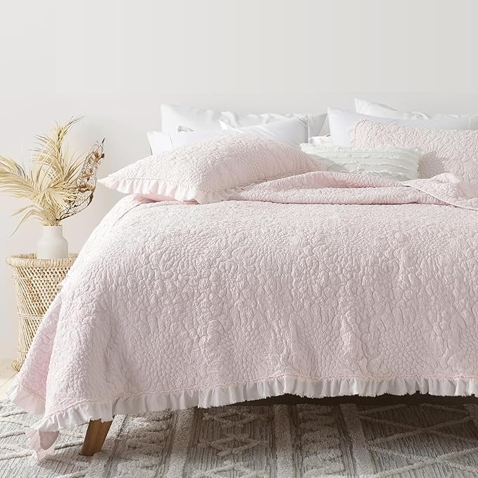 Queen Size Pink Ruffled Quilt Set Stone-Washed Crinkled Microfiber ...