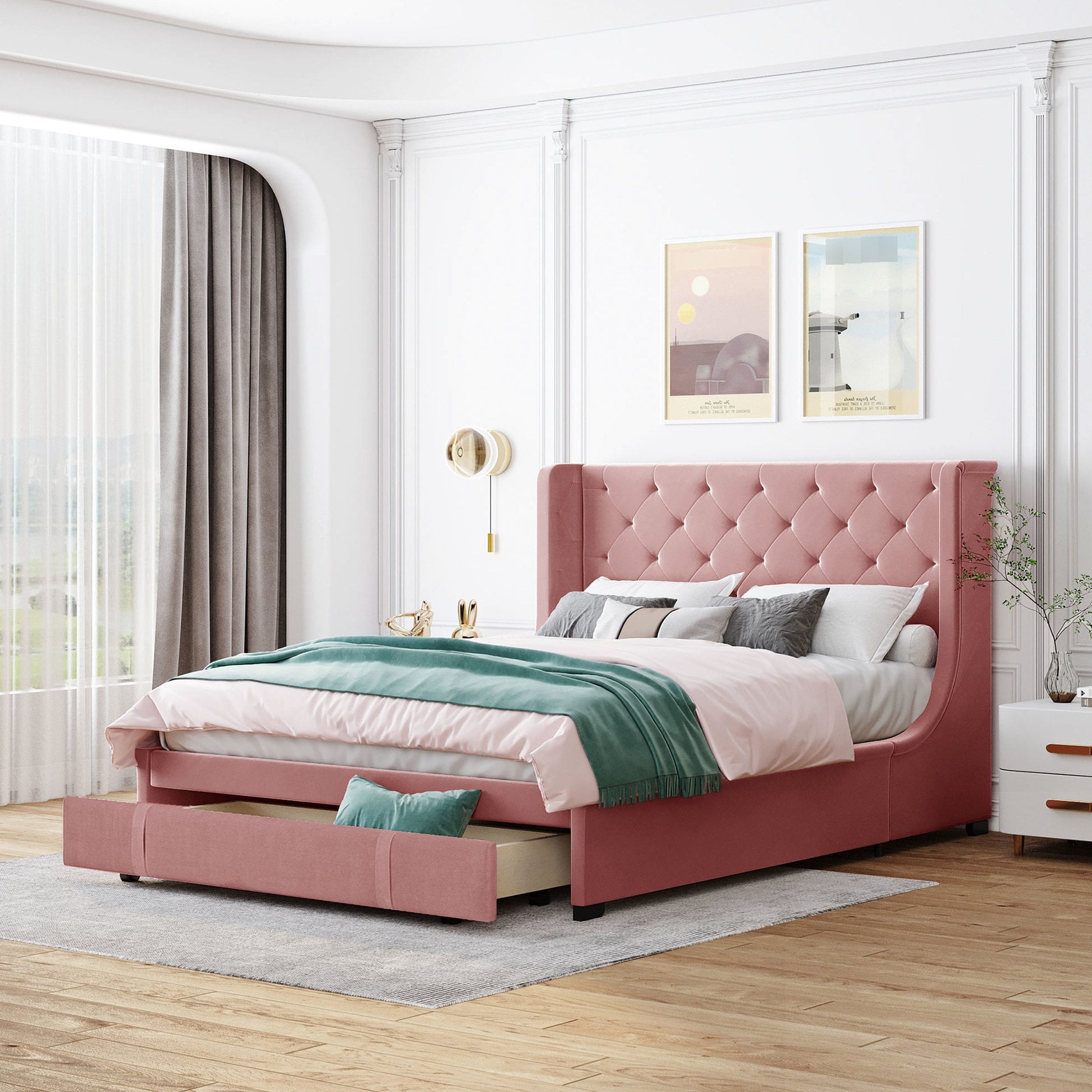 Queen Size Pink Velvet Upholstered Bed with Storage Drawer | Elegant ...