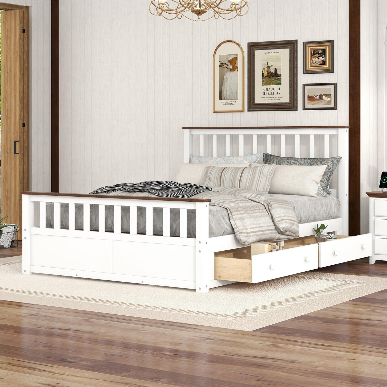 Queen Size Platform Bed with 2 Drawers, Wooden Panel Bed with Headboard ...