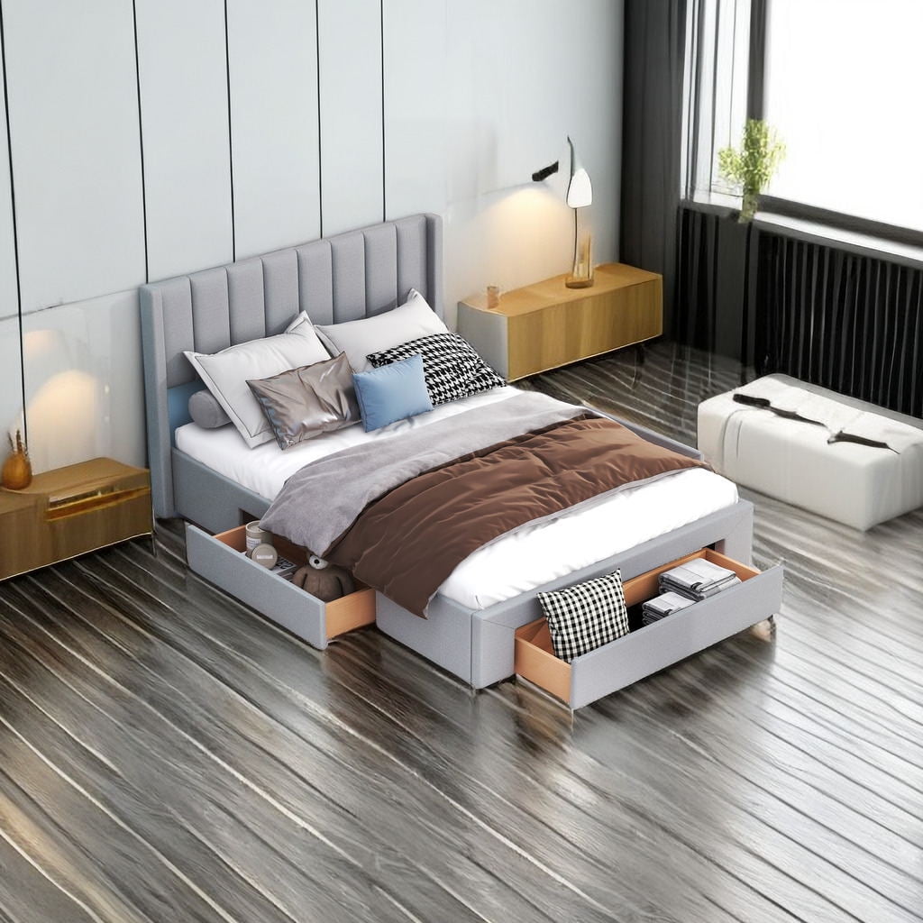 Queen Size Platform Bed with 3 Storage Drawers, Modern Upholstered Bed ...