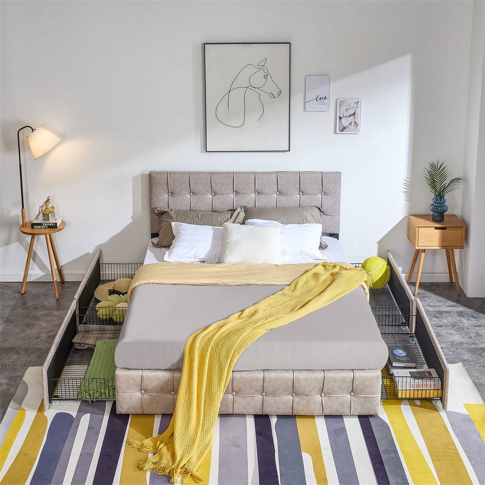 Queen Size Platform Bed with Adjustable Headboard, Upholstered Tufted ...