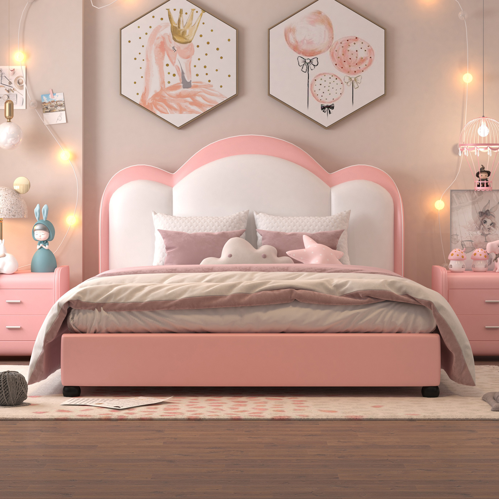Queen Size Platform Bed Frame with Flower Pattern Headboard ...