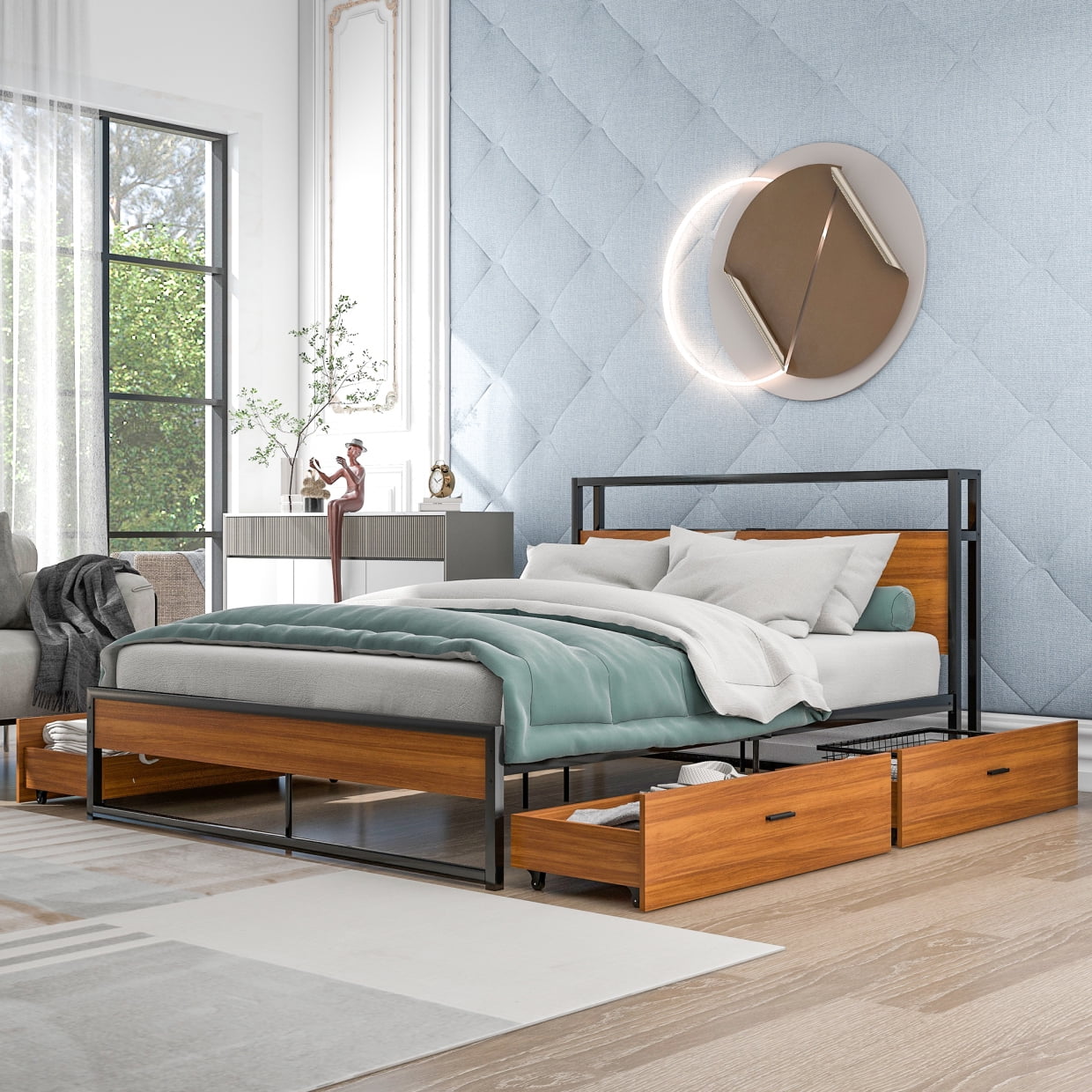 Queen Size Platform Bed Frame with Four Drawers, Metal Bed Frame with ...