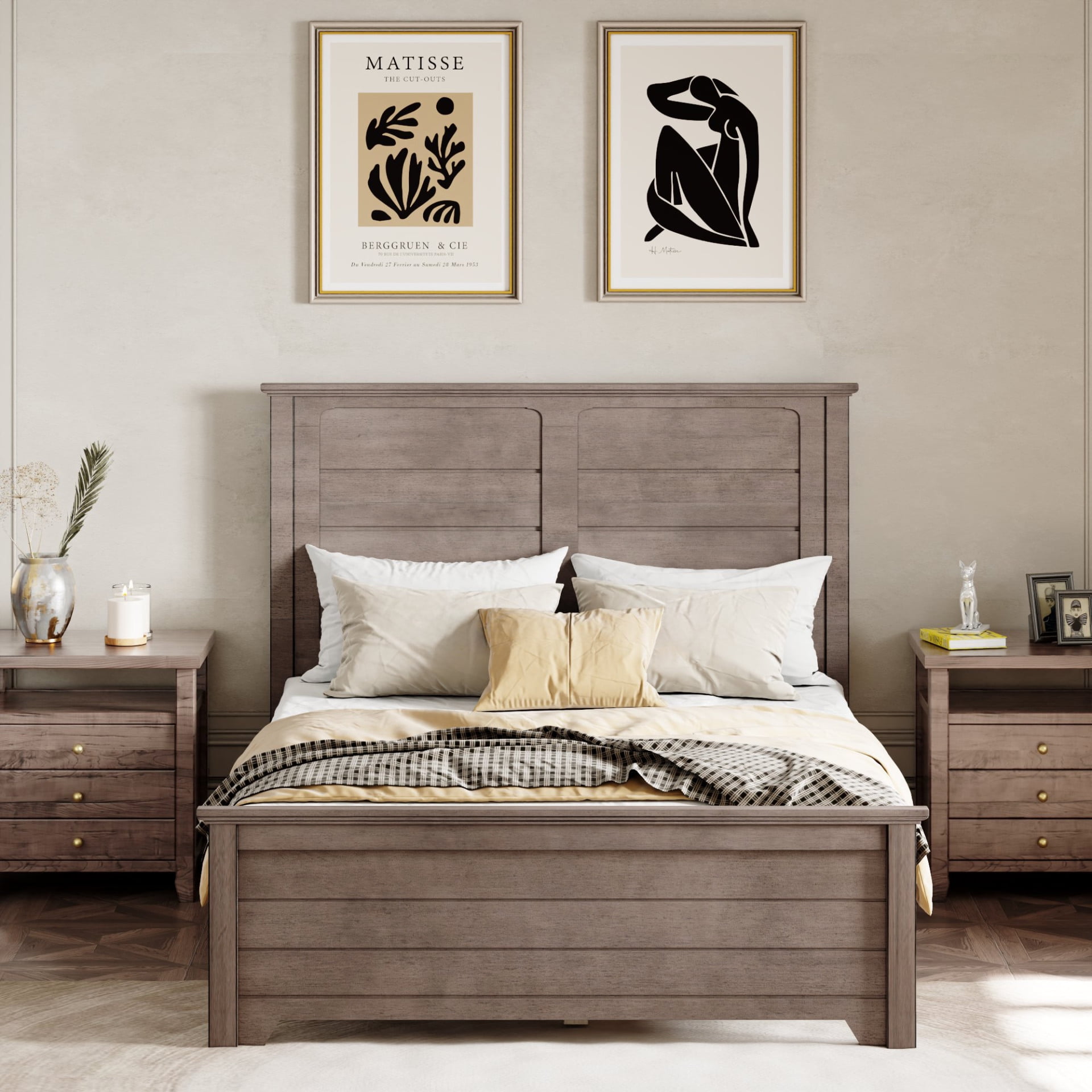 Queen Size Platform Bed Frame with Panel Design Headboard and Footboard ...