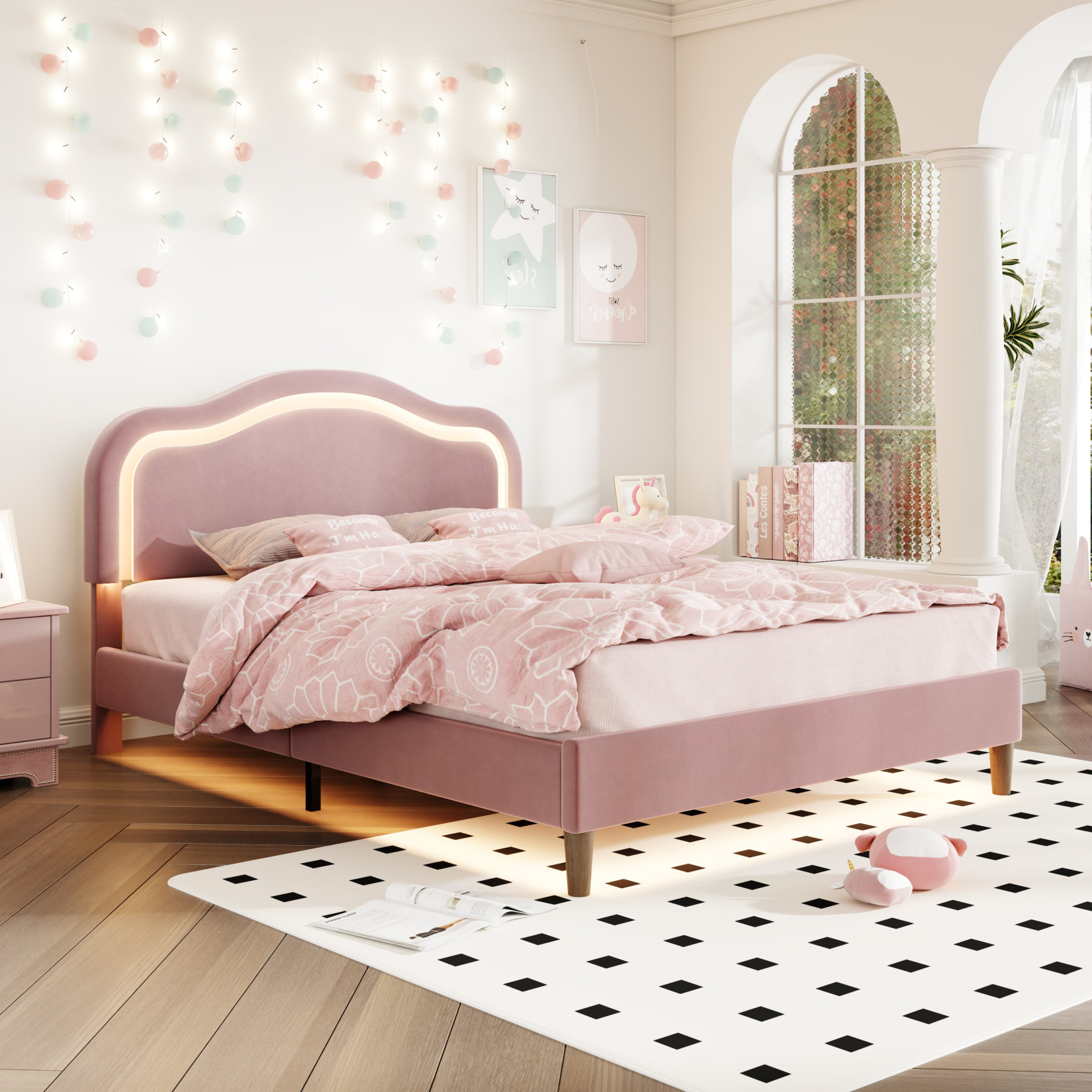 Queen Size Platform Bed Frame with RGB LED Light, Wooden and Metal ...