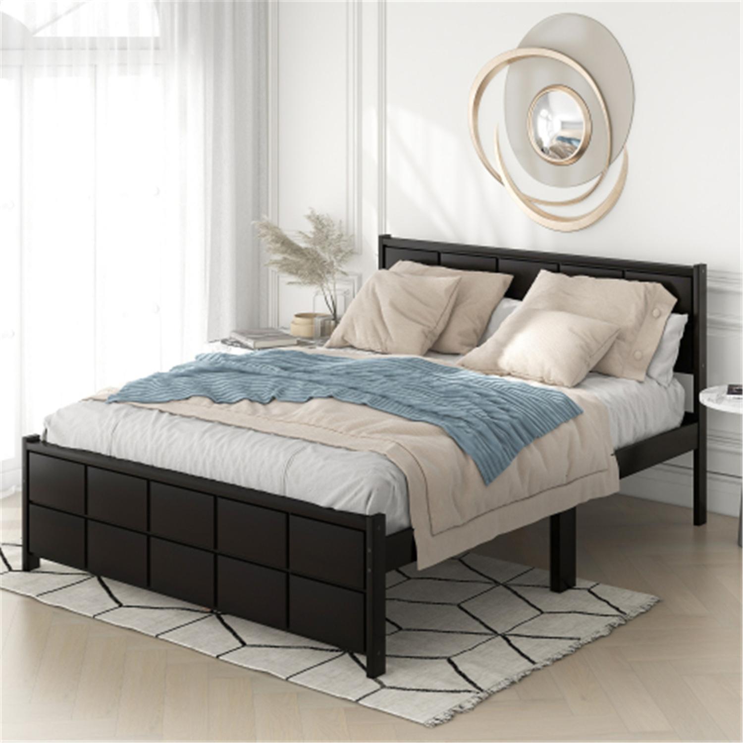 Queen Size Platform Bed Frame with Rectangular Line Shape, Platform Bed ...